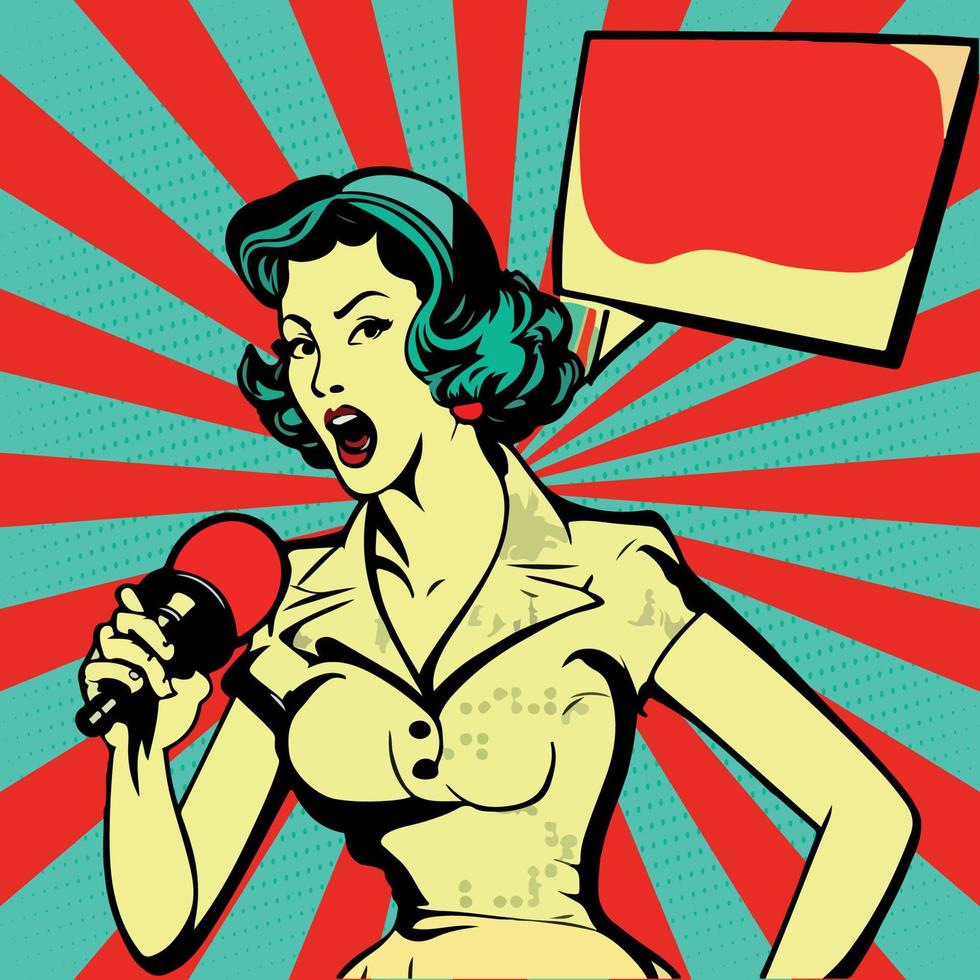 Lady Announces And Promotes Pop Art Retro Vector Illustration Comic