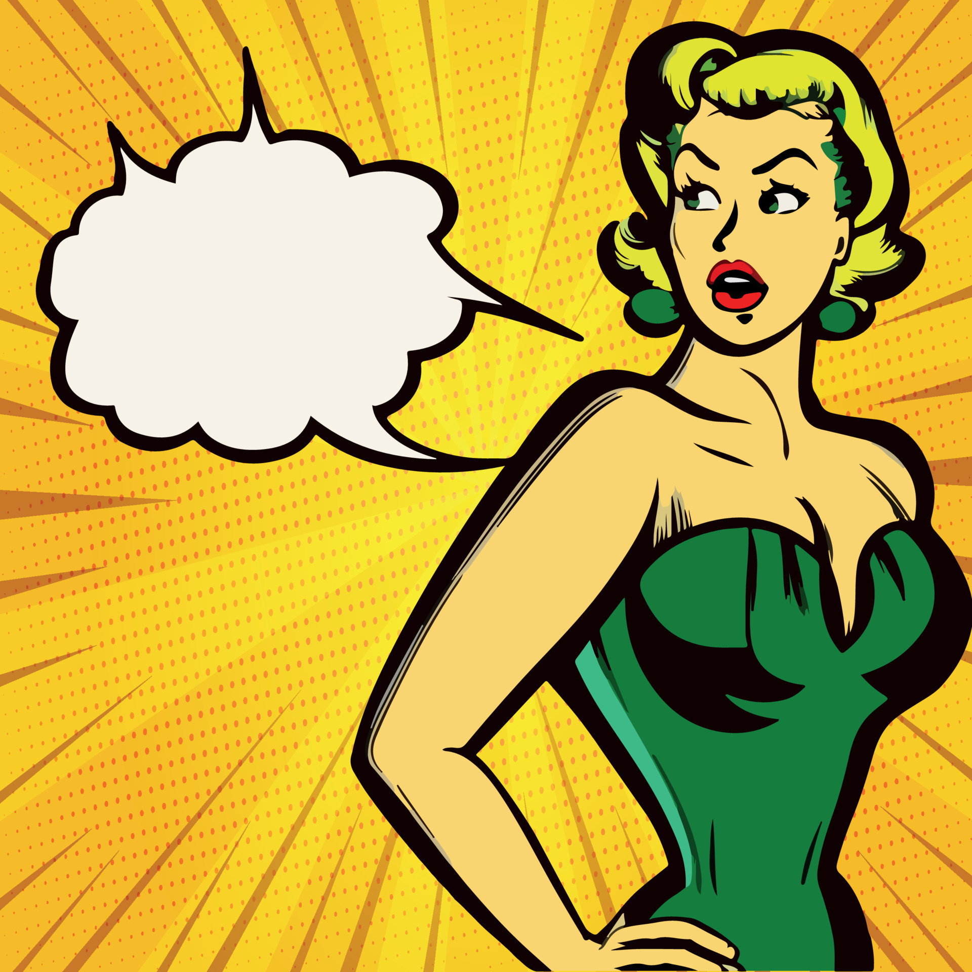 Lady Announces And Promotes Pop Art Retro Vector Illustration Comic Cartoon Kitsch Vintage