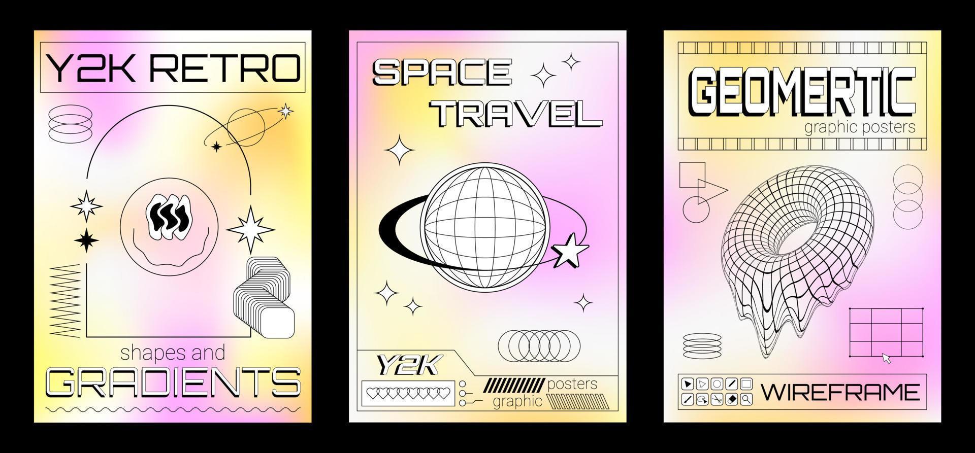 Three graphic posters in Y2K style with geometric elements, frames, wireframe model, planet and ...