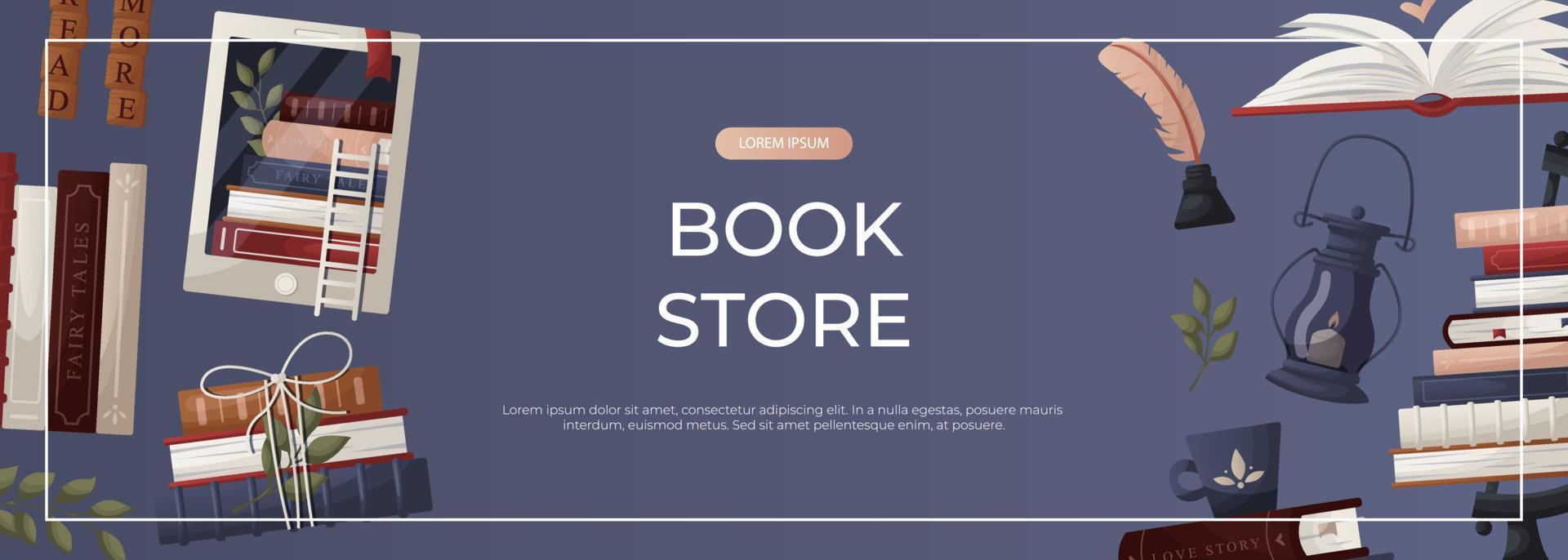 Promo banner with stack of books, globe, inkwell quill, plant, lantern ...