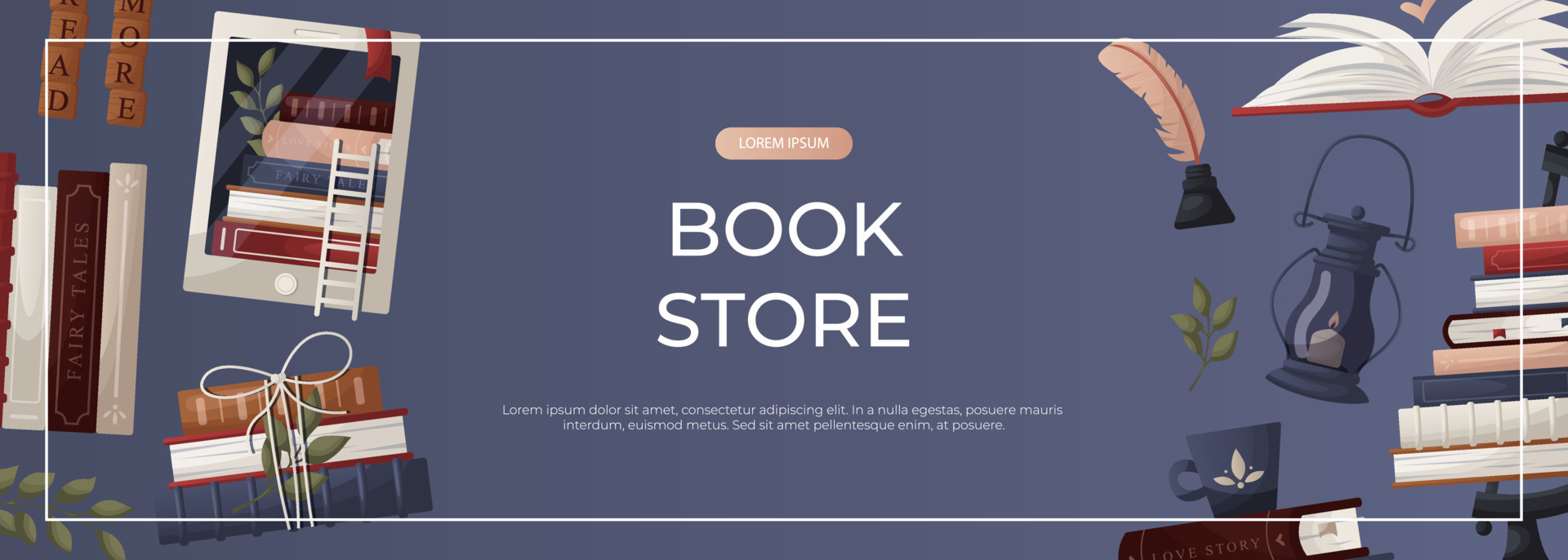 Promo banner with stack of books, globe, inkwell quill, plant, lantern ...