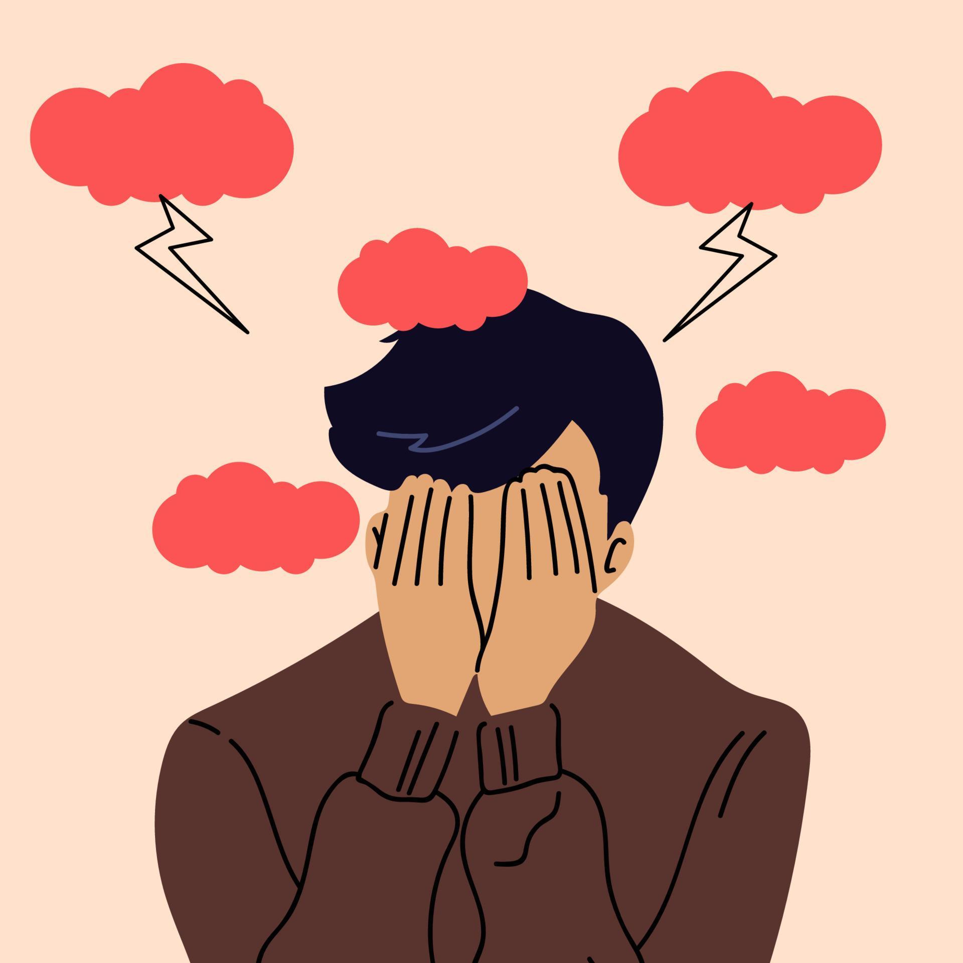 Sad, stressed young man under clouds with lightning. Psychology ...