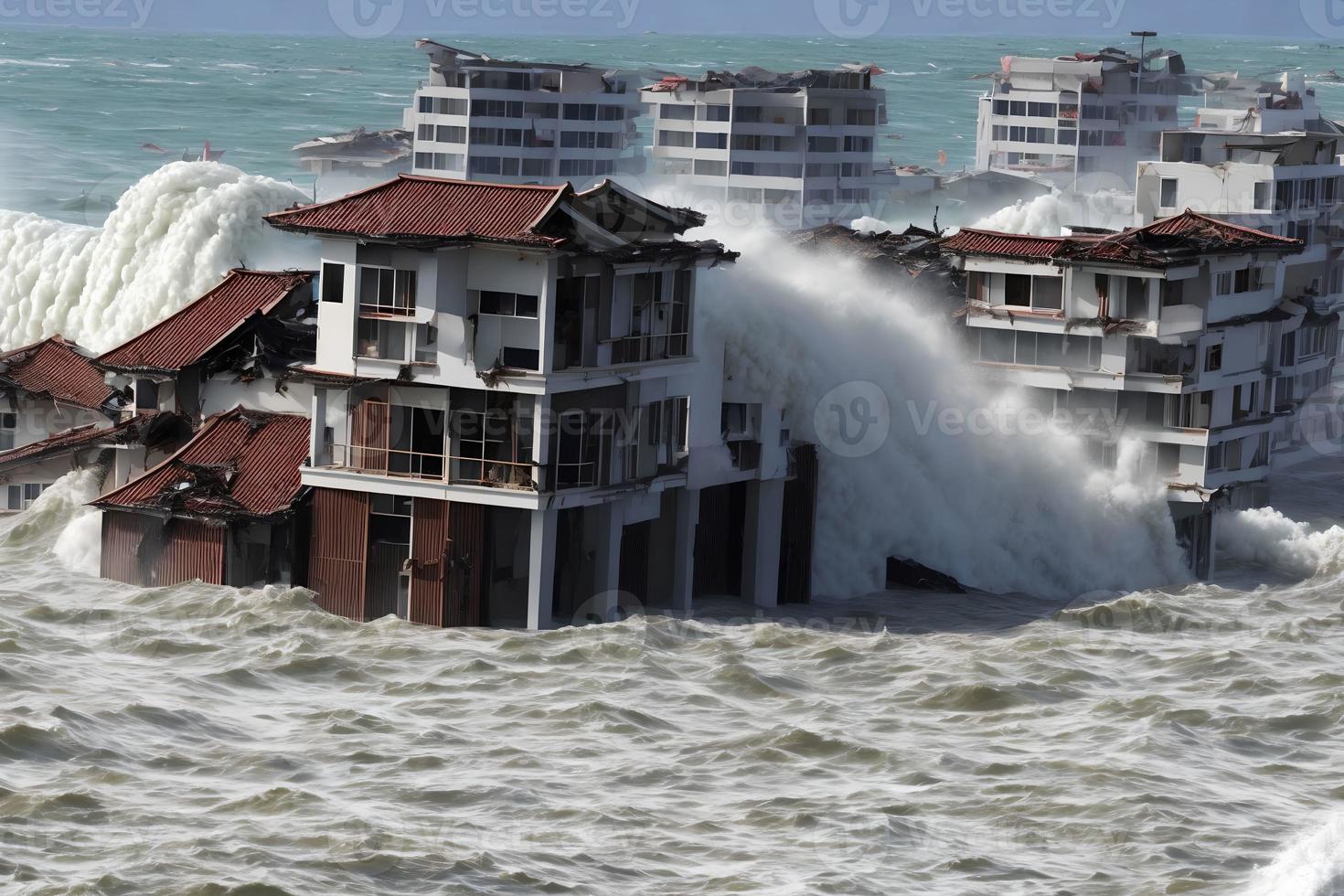 tsunami wave flood destroy city building, generative art by A.I ... tsunami wave flood destroy city building, generative art by A.I ...