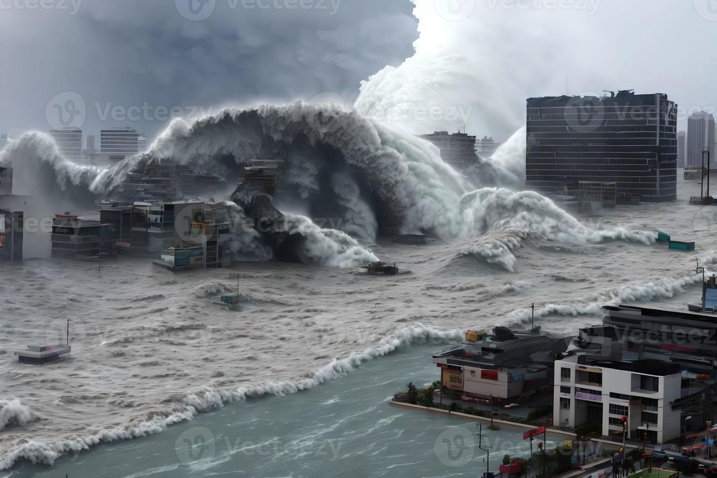 tsunami wave flood destroy city building, generative art by A.I ... tsunami wave flood destroy city building, generative art by A.I ...