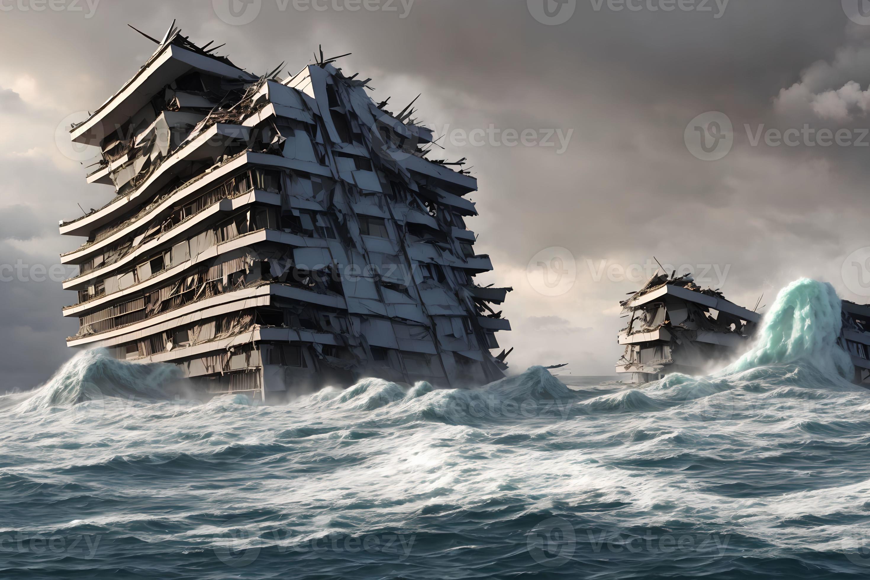 tsunami wave flood destroy city building, generative art by A.I ... tsunami wave flood destroy city building, generative art by A.I ...