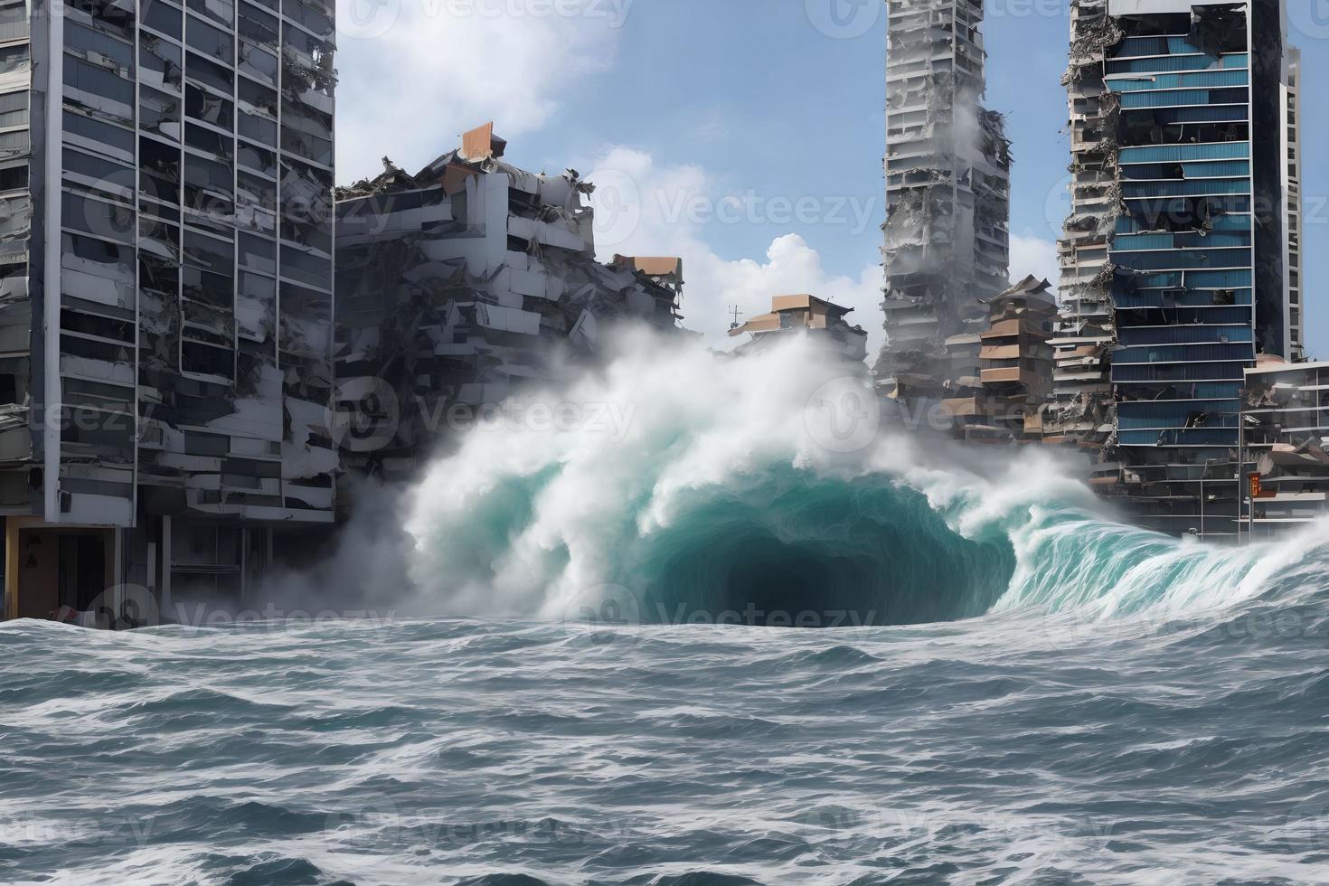 tsunami wave flood destroy city building, generative art by A.I ... tsunami wave flood destroy city building, generative art by A.I ...