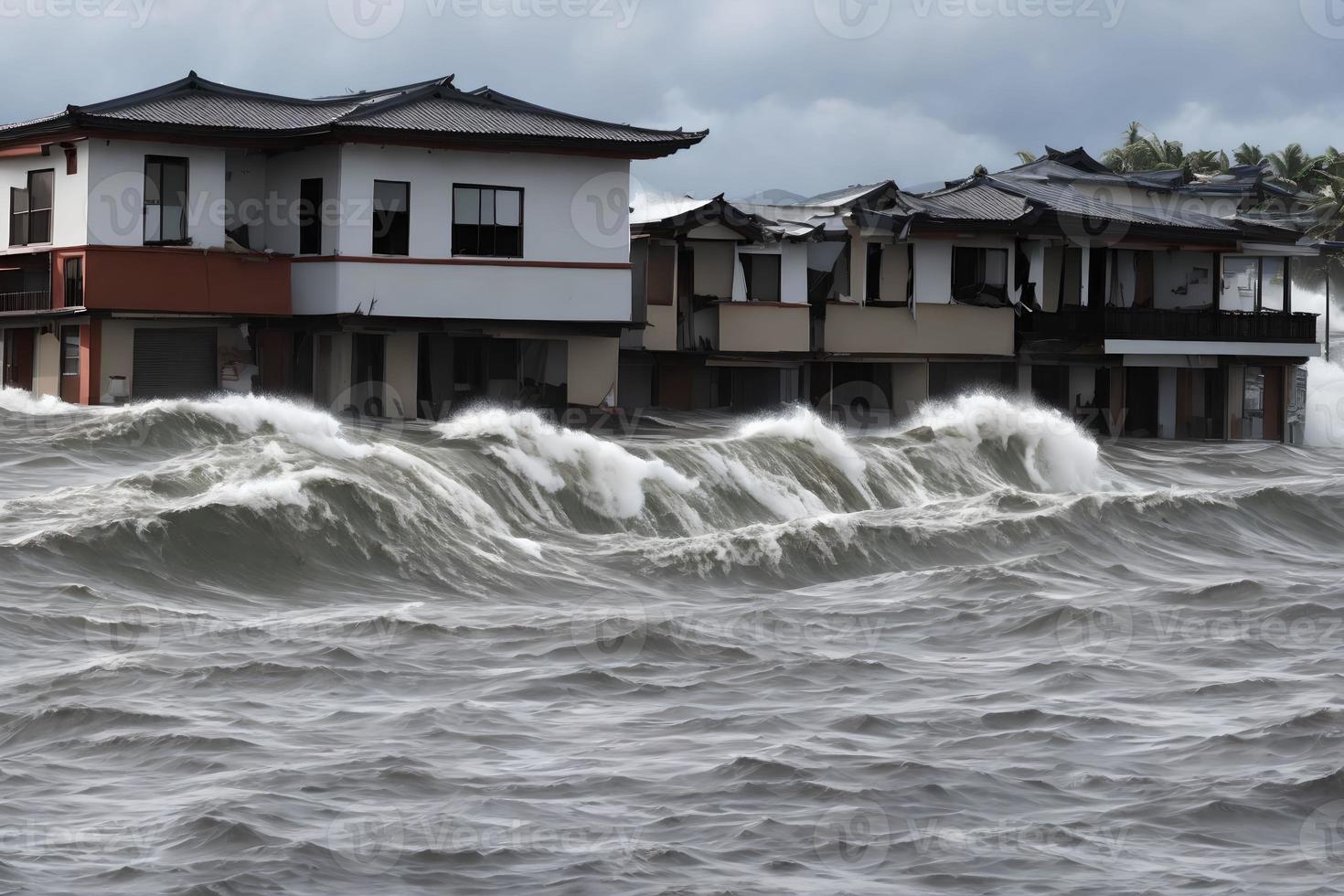 tsunami wave flood destroy city building, generative art by A.I ... tsunami wave flood destroy city building, generative art by A.I ...