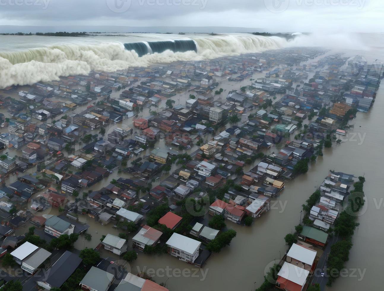 tsunami wave flood destroy city building, generative art by A.I ... tsunami wave flood destroy city building, generative art by A.I ...
