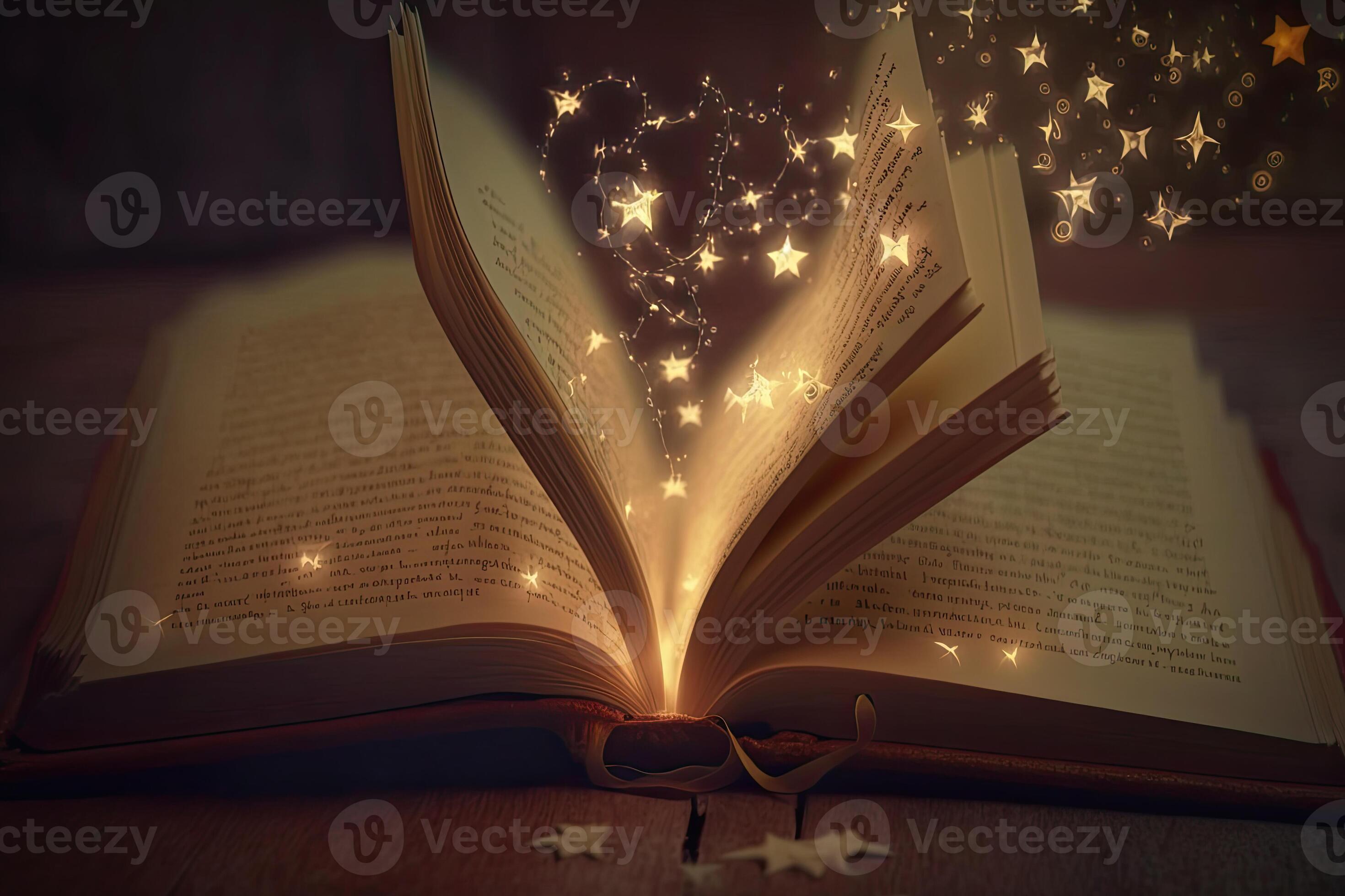 Open magical book with glowing lights over pages on abstract background. Fantasy reading ...