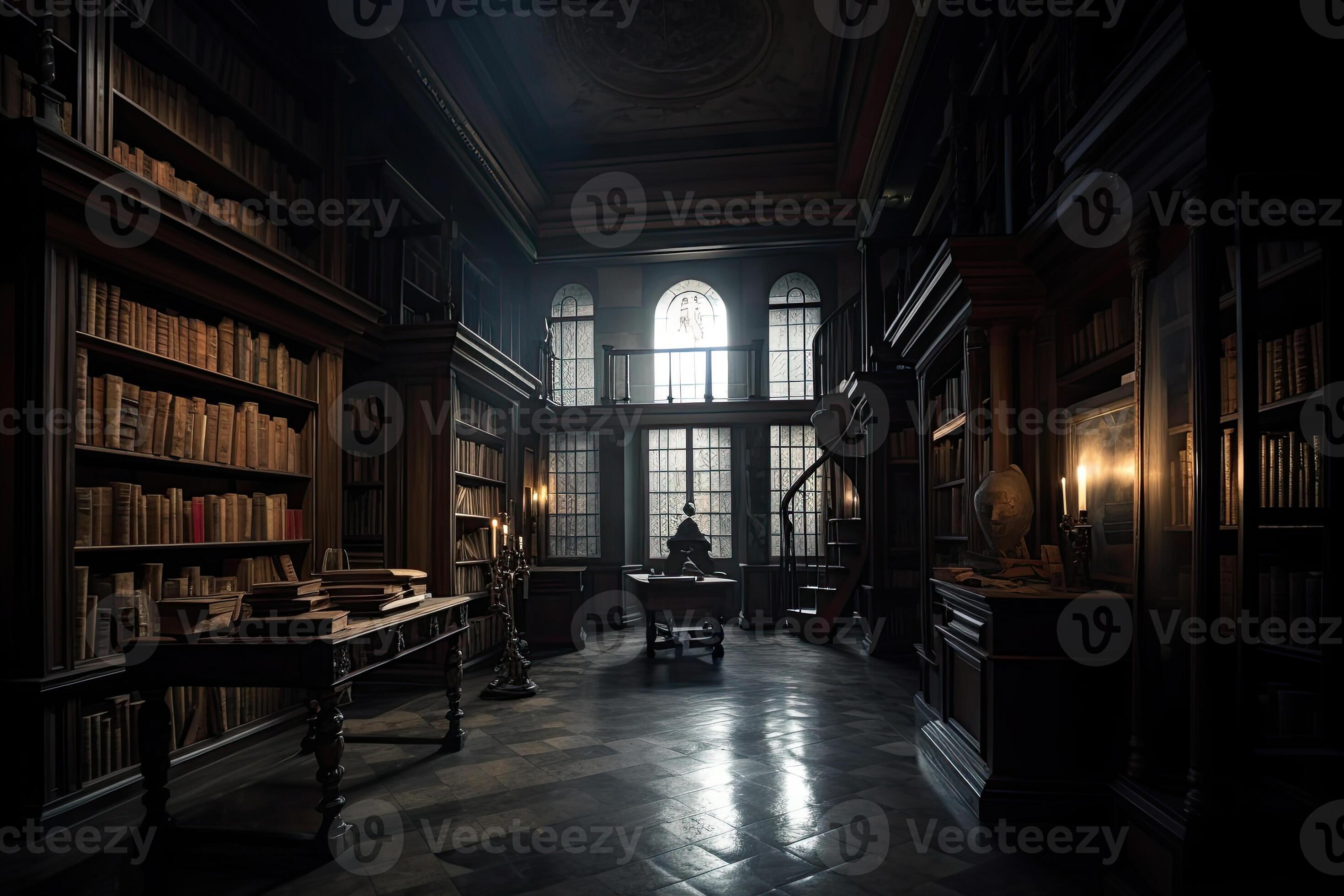 Interior of library with many bookshelves. Rows of cabinets with old books in library. Knowledge ...