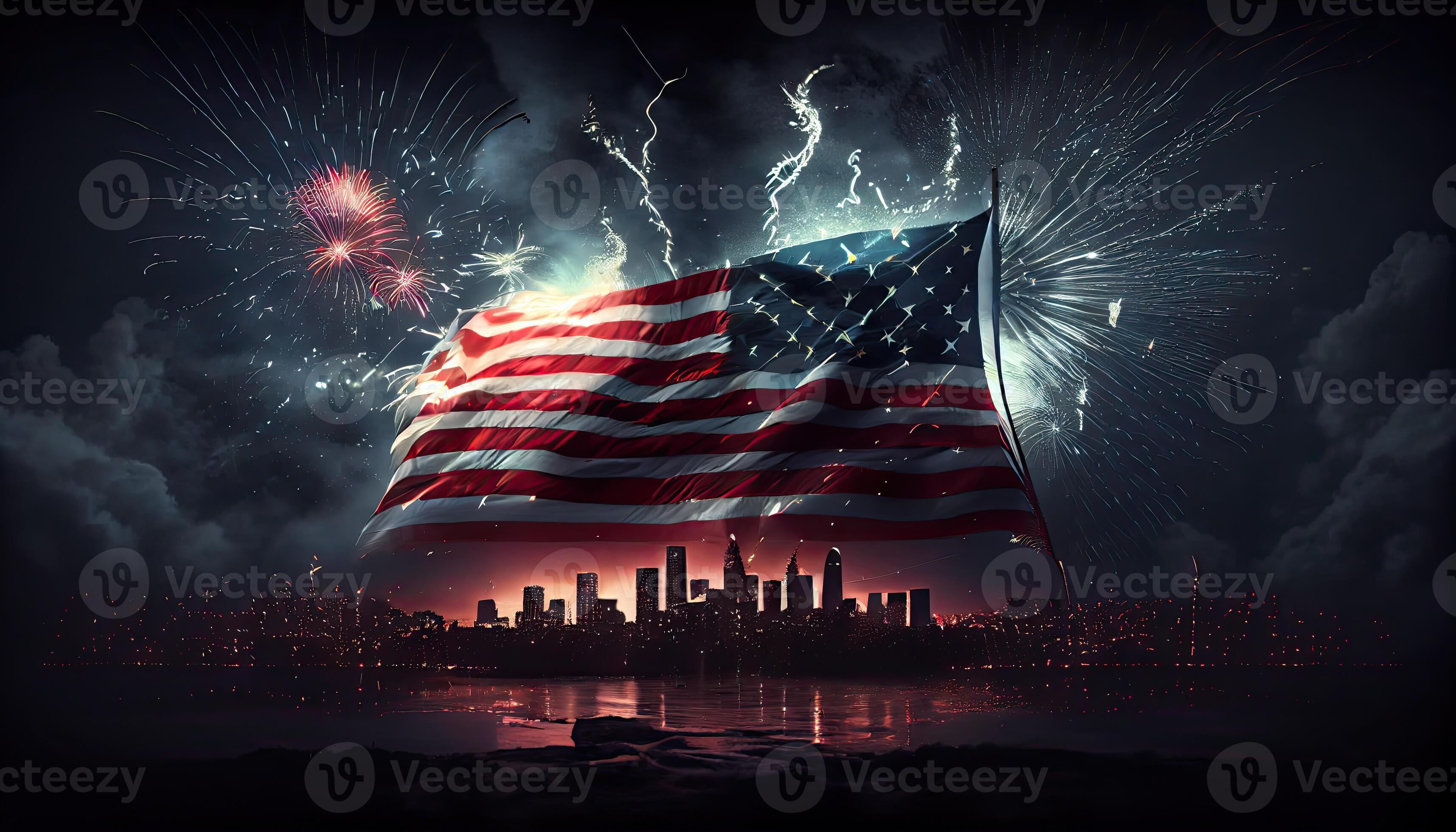 American Flag Waving In The Air With Fireworks And Night Scene View Fourth Of July Concept