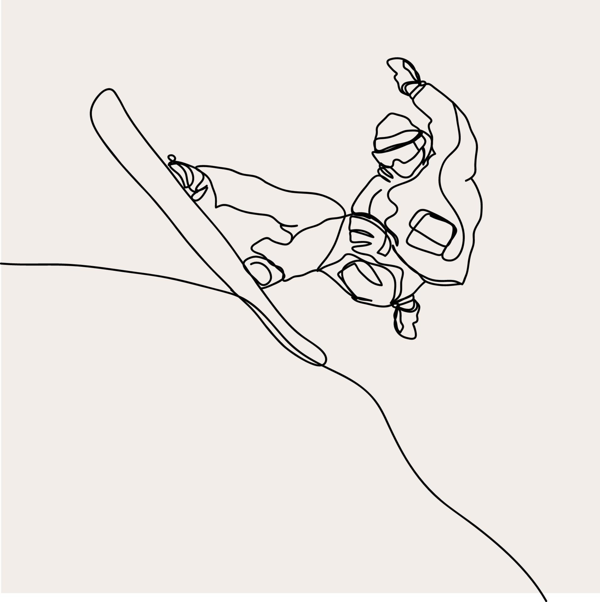 Minimalist Snowboard line art, Winter sport, Extreme, Outline Drawing ...