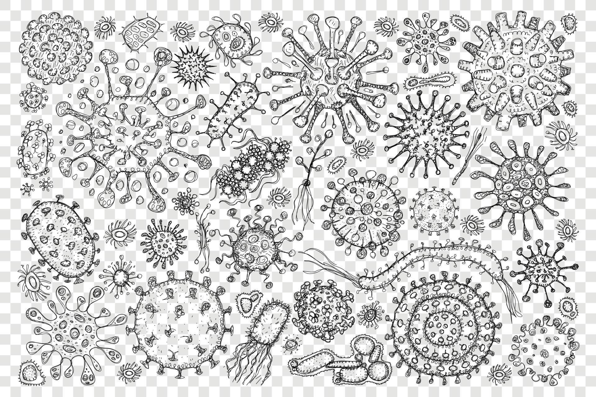 Bacteria virus molecule doodle set. Collection of hand drawn various ...