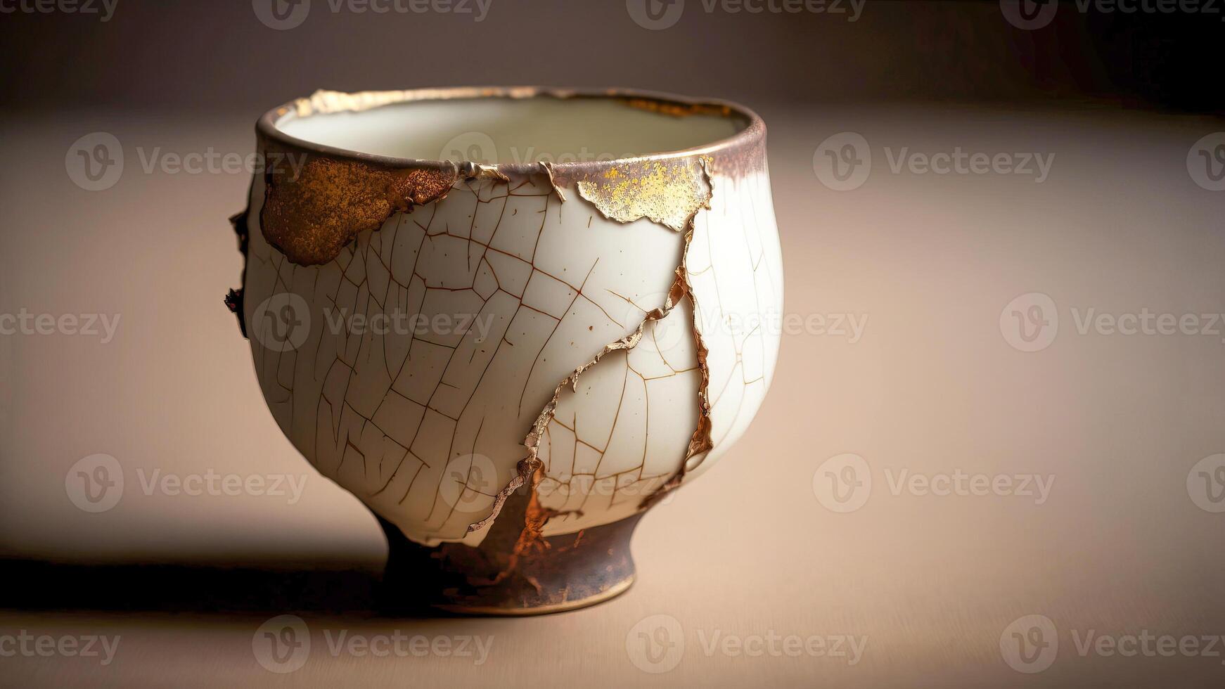 Wabi sabi cup repaired using japanese Kintsugi technique emphasizing the cracks with golden ...