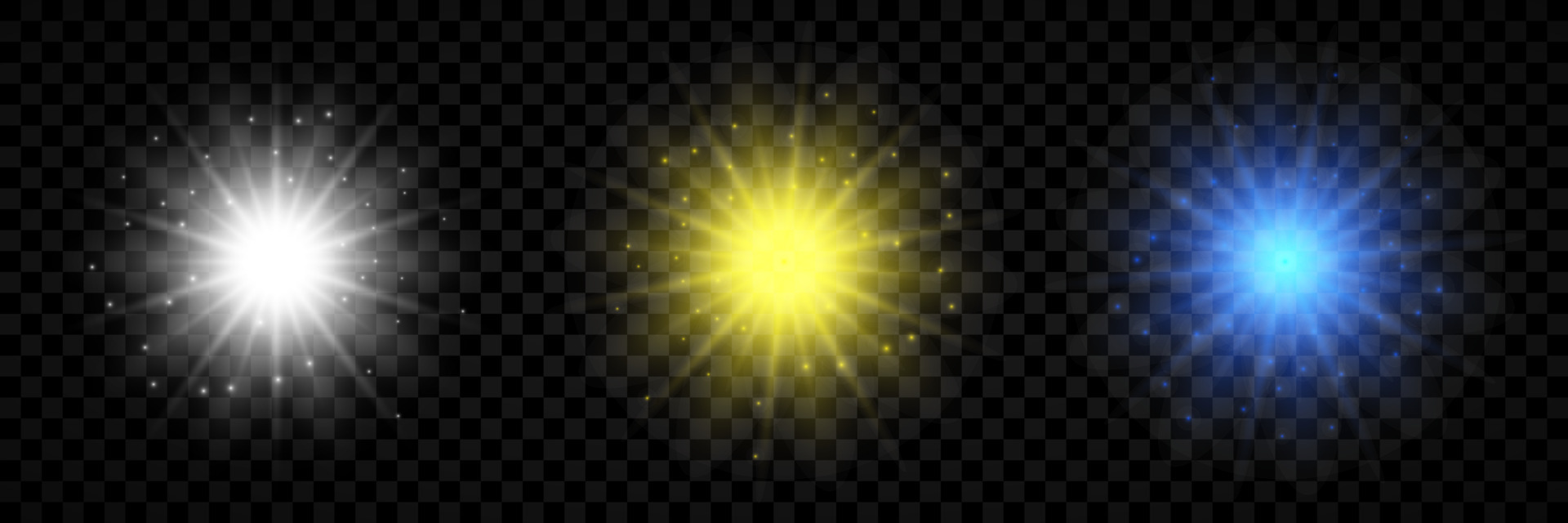 Light effect of lens flares. Set of three white, yellow and blue glowing lights starburst ...