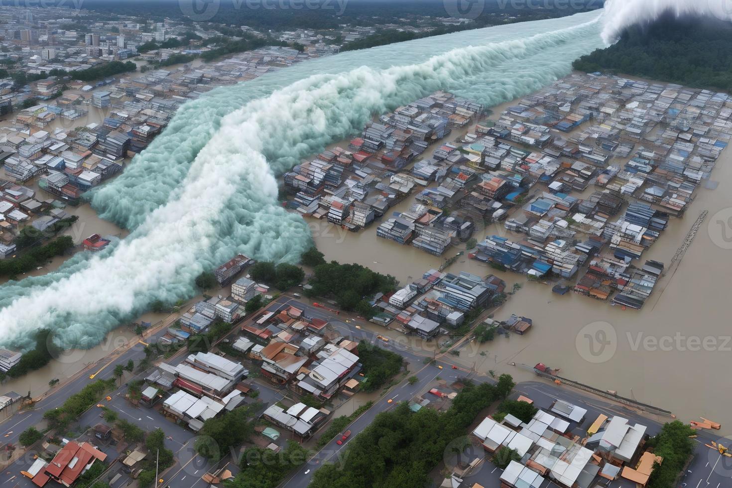 tsunami wave flood destroy city building, generative art by A.I ... tsunami wave flood destroy city building, generative art by A.I ...