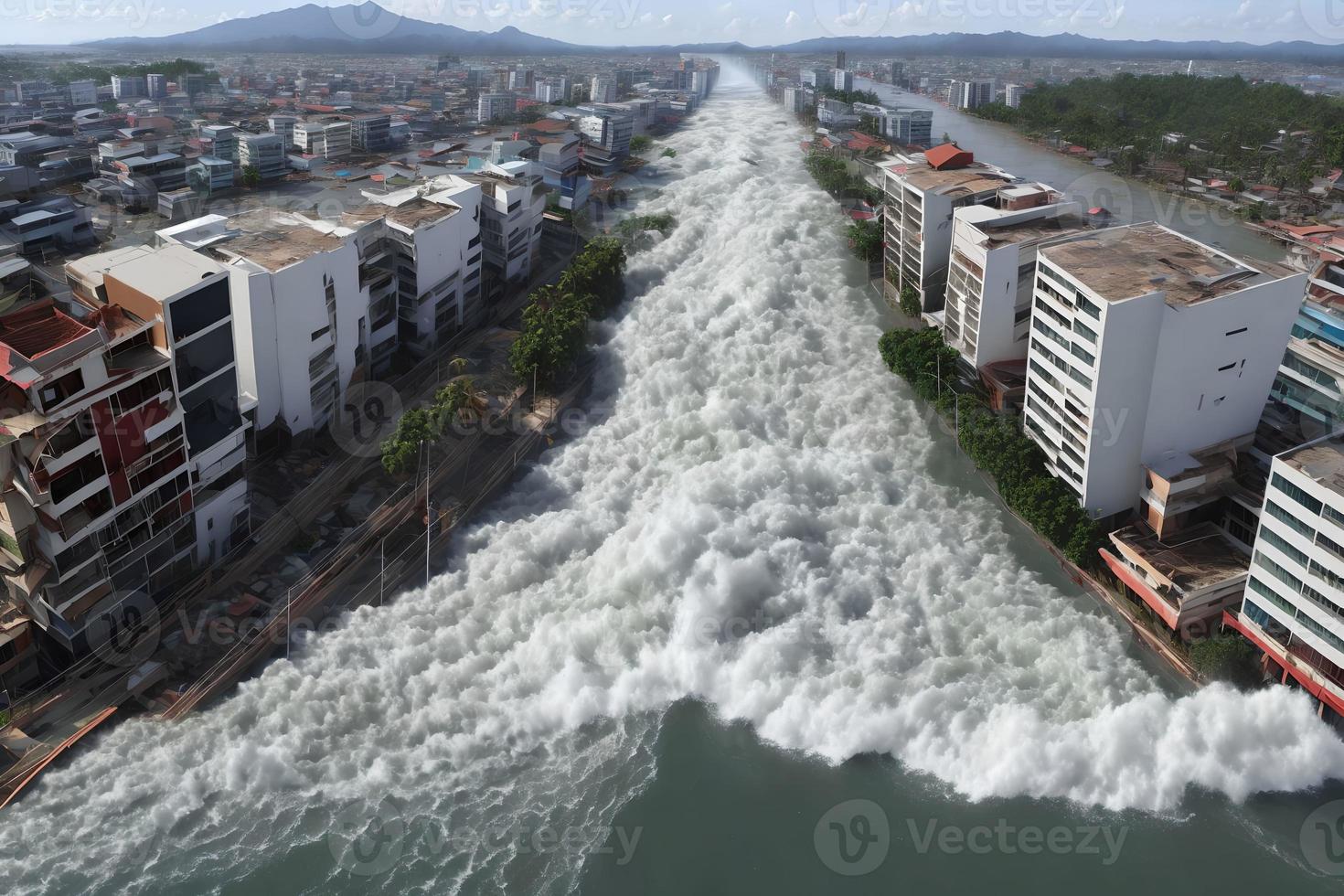 tsunami wave flood destroy city building, generative art by A.I ... tsunami wave flood destroy city building, generative art by A.I ...