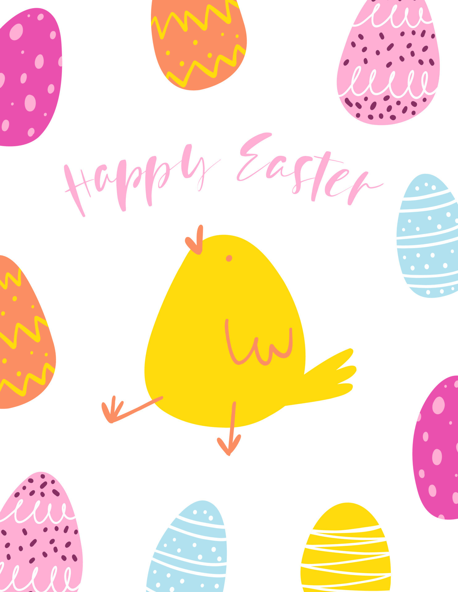 Happy Easter Graphic Greeting Card Hand Drawn Colorful Eggs And Funny Cute Chicken In Modern