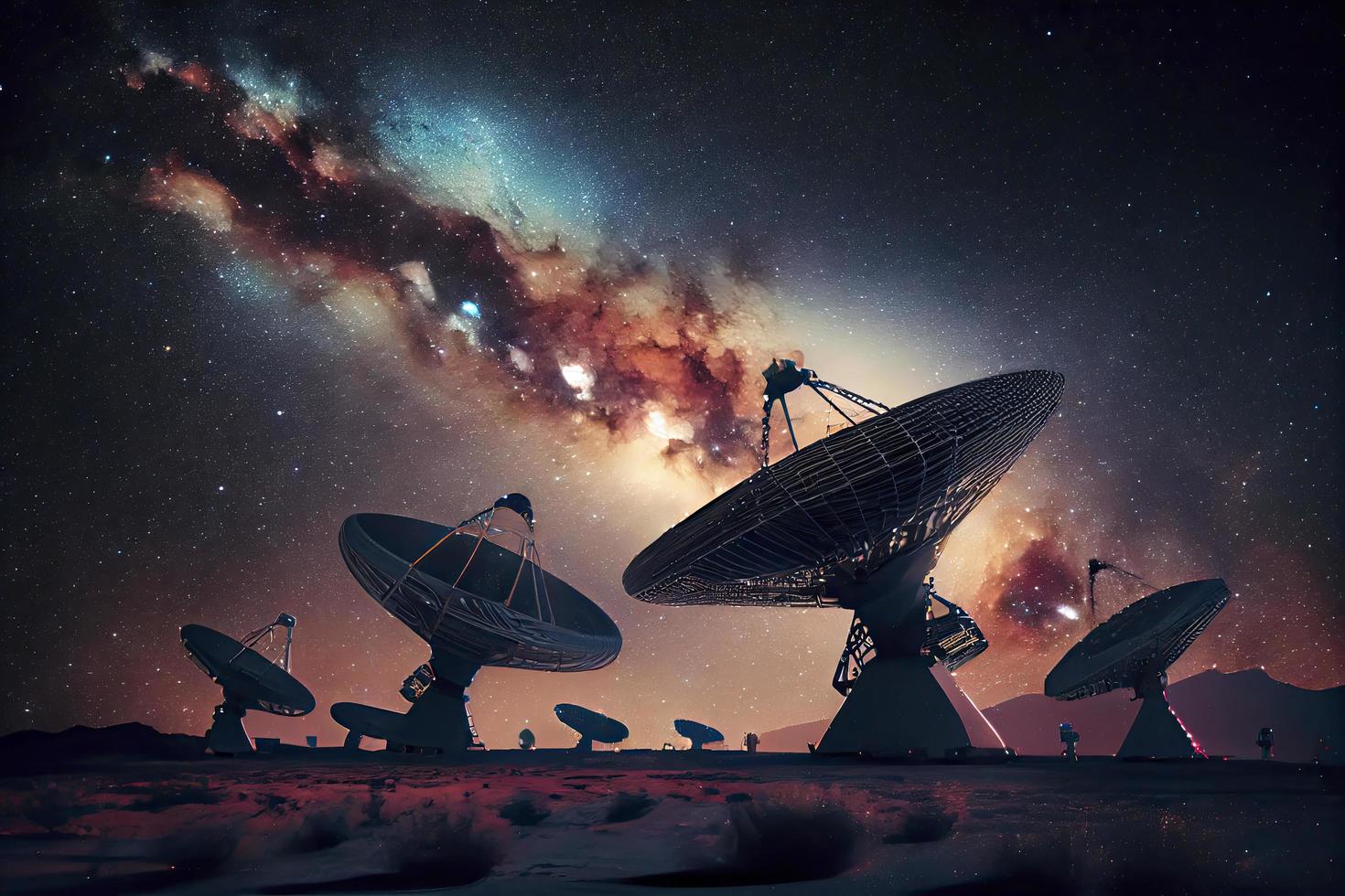 Astronomy deep space radio telescope arrays at night pointing into ... Astronomy deep space radio telescope arrays at night pointing into ...