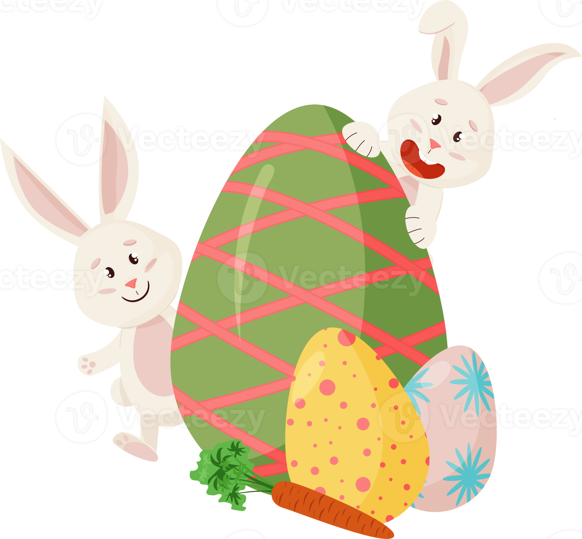 Bunnies Character Peeks Out From Eggs Carrot Funny Happy Easter