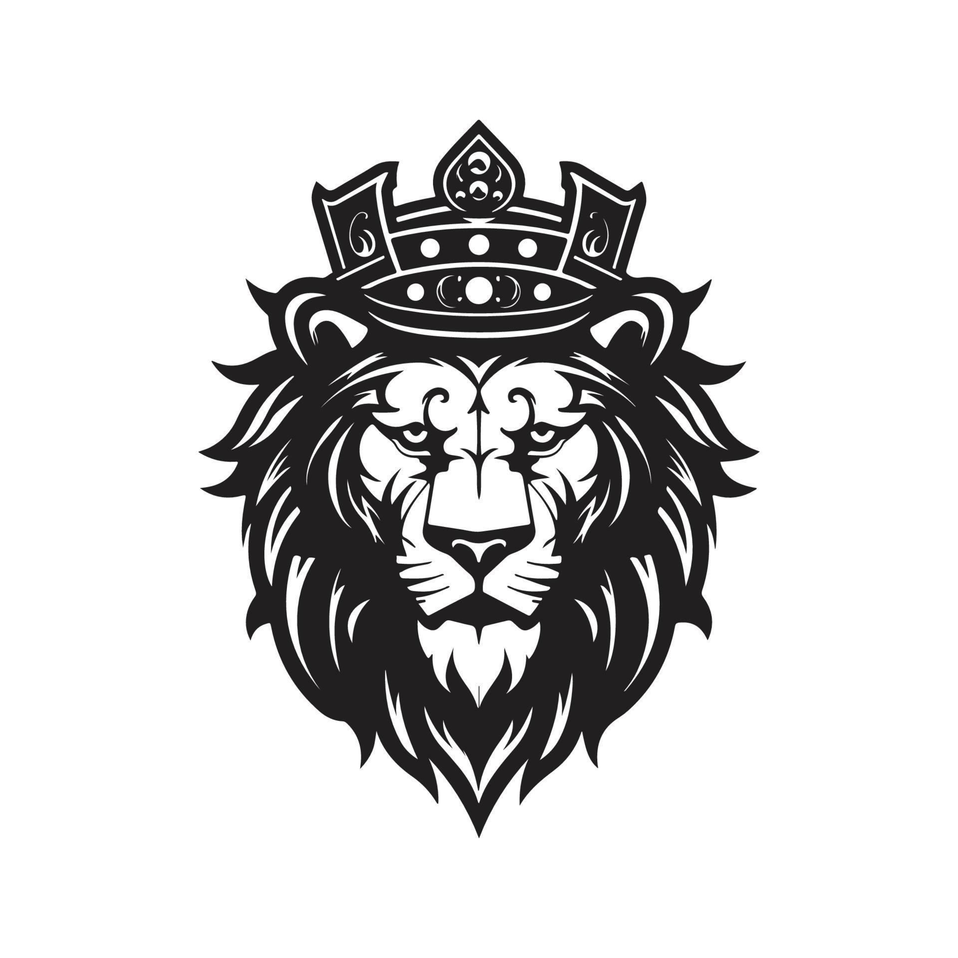 lion with a crown, vector concept digital art, hand drawn illustration ...