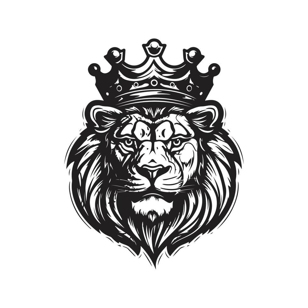 lion with a crown, vector concept digital art, hand drawn illustration ...