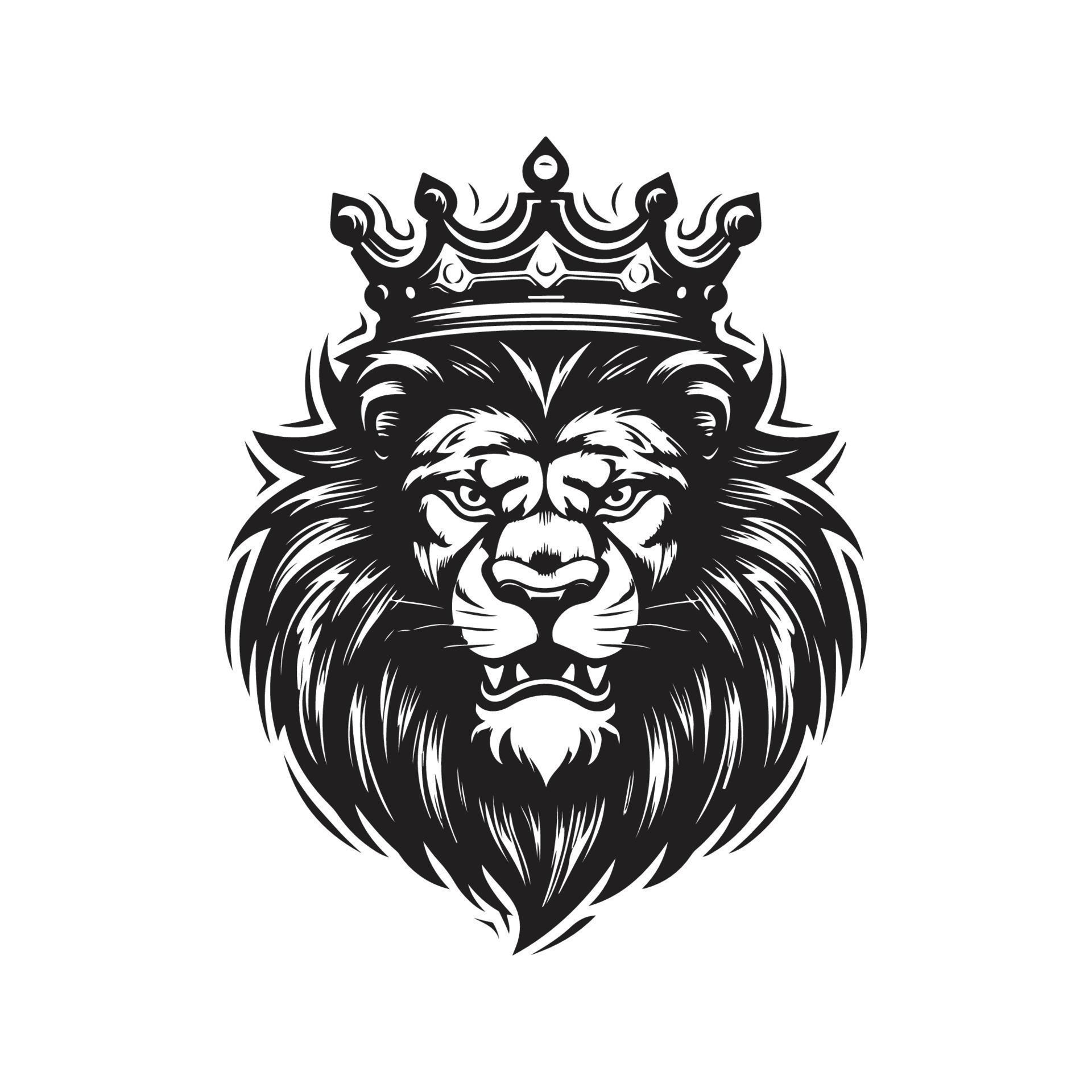 lion with a crown, vector concept digital art, hand drawn illustration ...