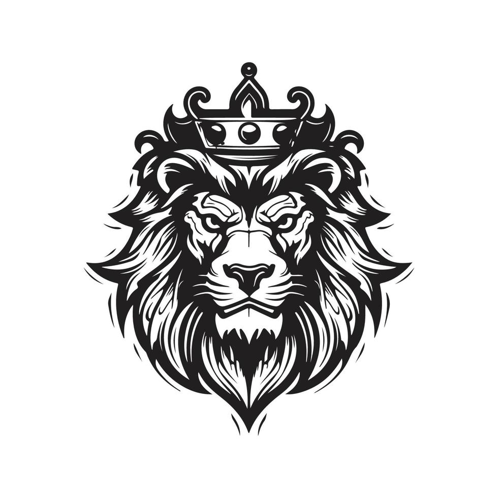 lion with a crown, vector concept digital art, hand drawn illustration ...