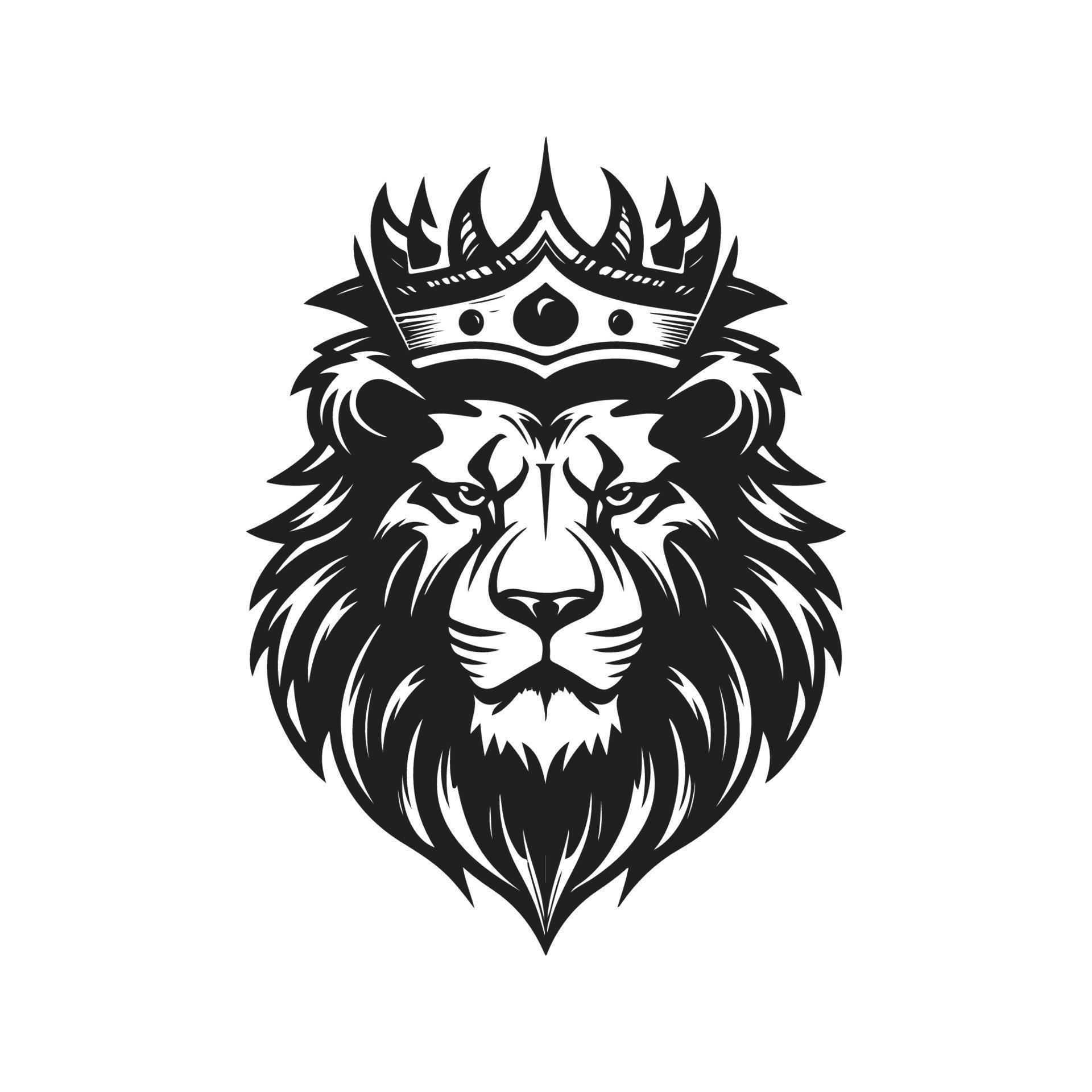 lion with a crown, vector concept digital art, hand drawn illustration ...