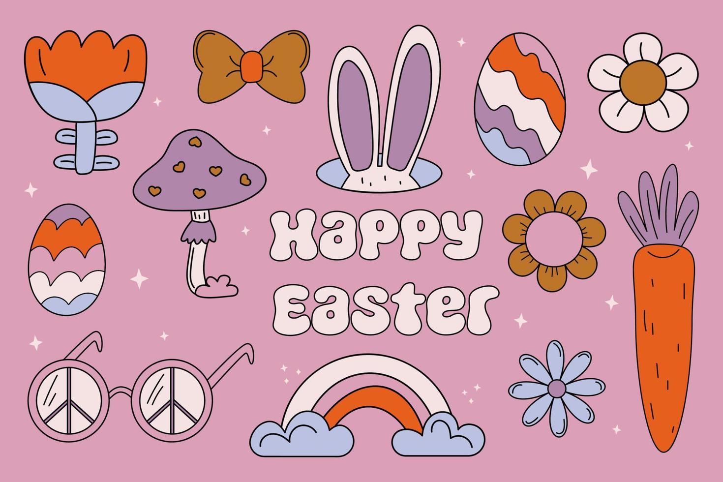 Big set of trendy retro cartoon style. Groovy Easter. Vector hand drawn ...