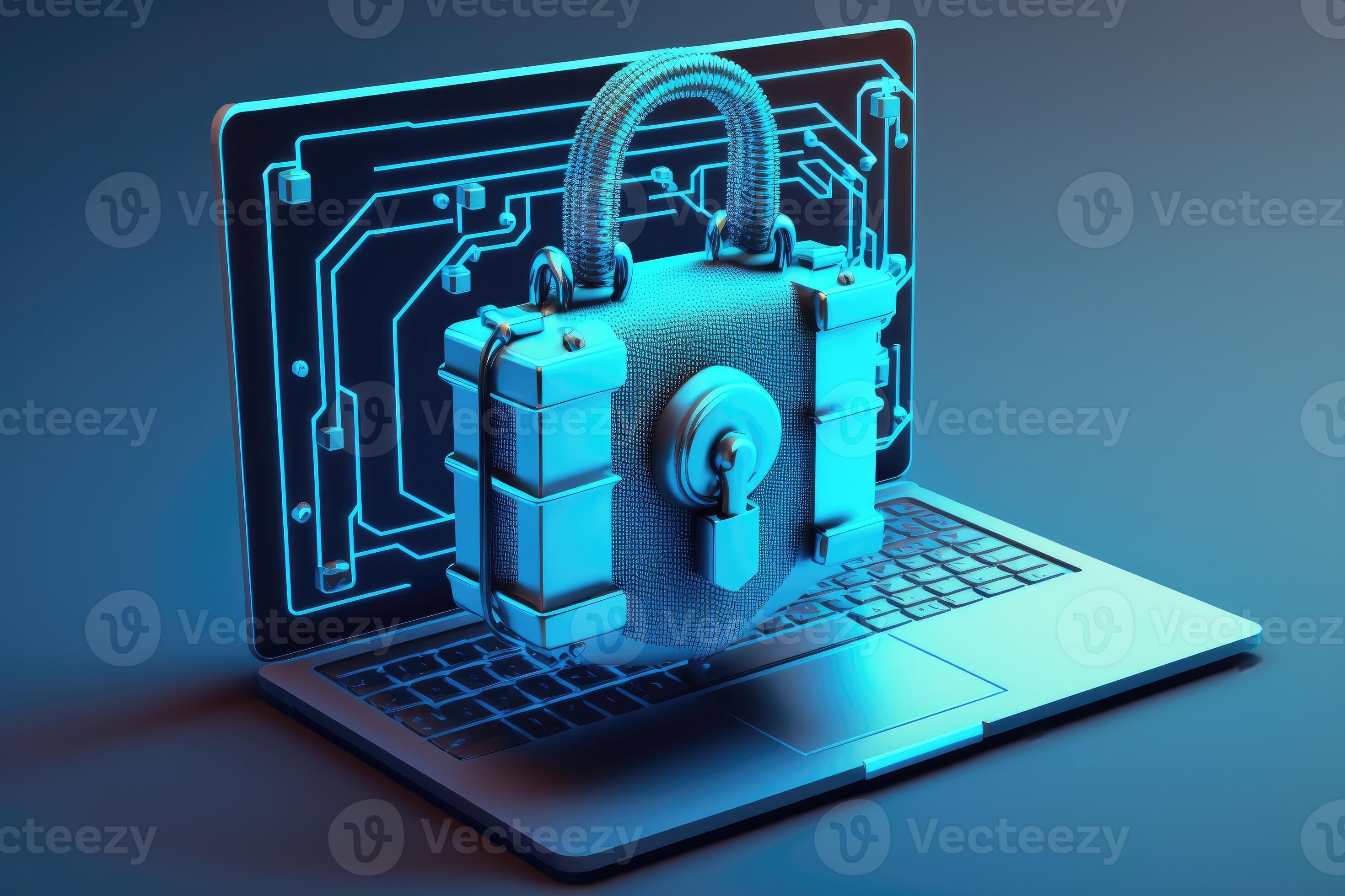 3d Cyber Security Illustration With High Tech Padlock Protecting A