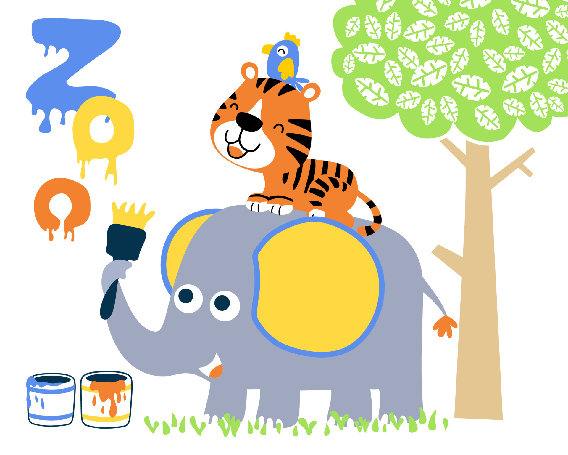 Vector illustration of cute elephant painting ZOO word, bird and tiger ...