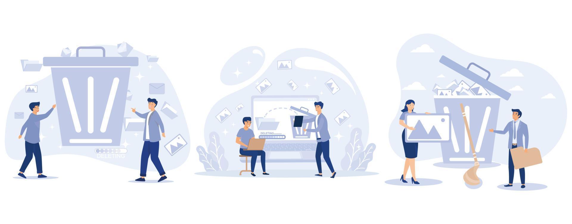 Delete concept. Tiny people deleting data and move unnecessary files to the trash bin, set flat ...