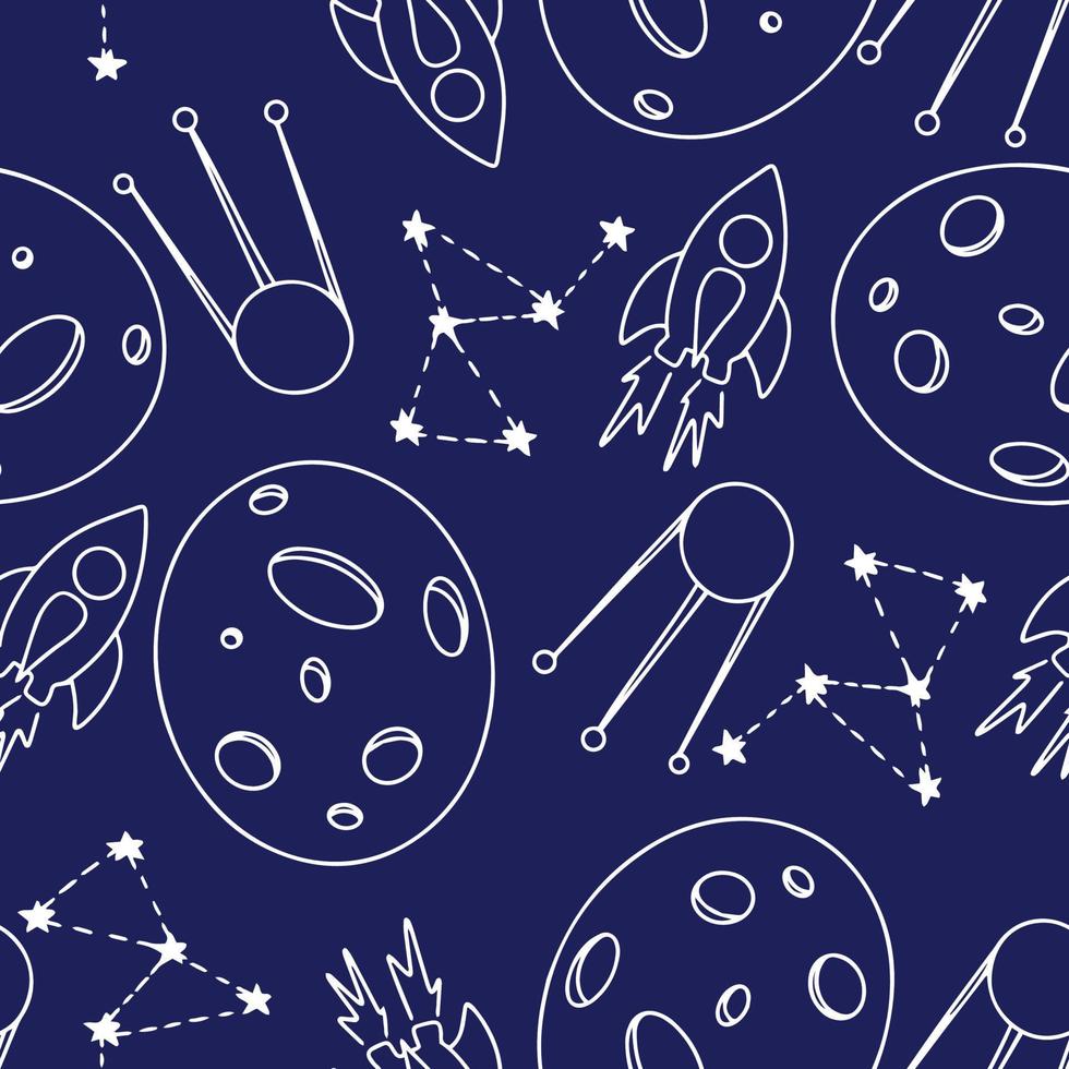 Seamless doodle space pattern on dark background. Rocket, planet ...