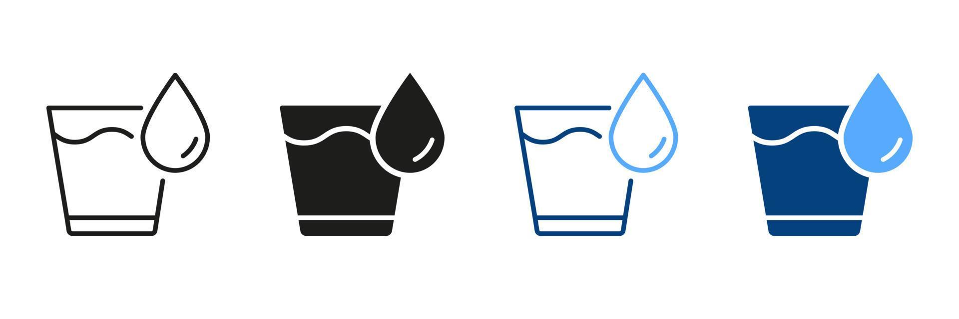 Glass of Water Silhouette and Line Icon Set. Drinking Glass Pictogram. Glassful of Clean Water ...