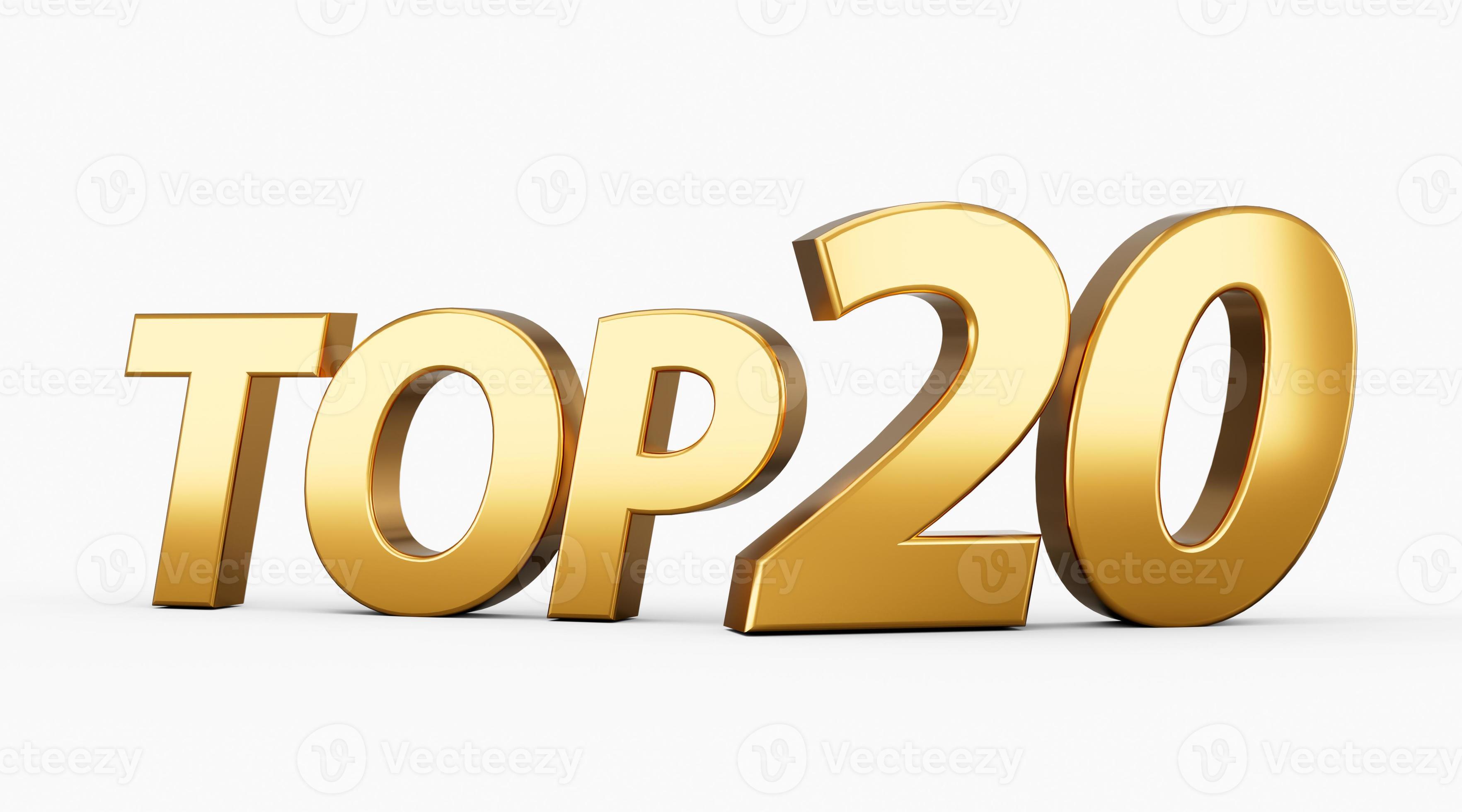 3d Golden Shiny Top 20 Text, Top Twenty 3d Text Isolated On White Background, 3d illustration ...