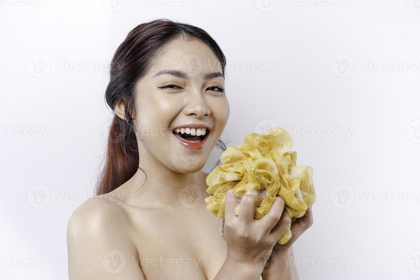 Portrait Of Happy Asian Girl Taking Shower With Gel She Washing With