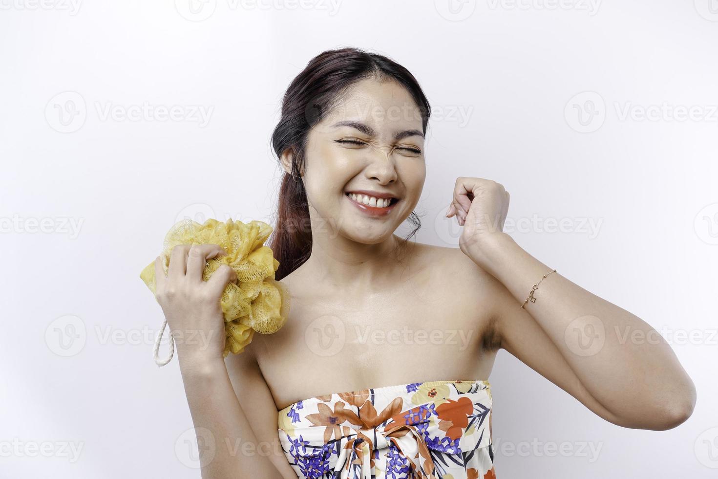 Portrait Of Happy Asian Girl Taking Shower With Gel She Washing With