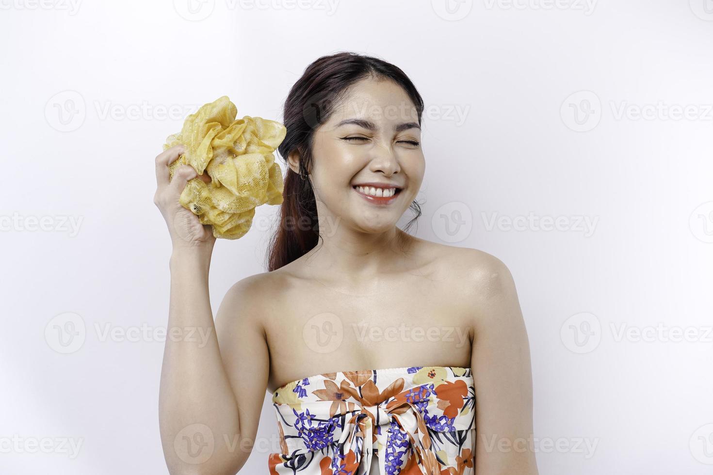 Portrait Of Happy Asian Girl Taking Shower With Gel She Washing With