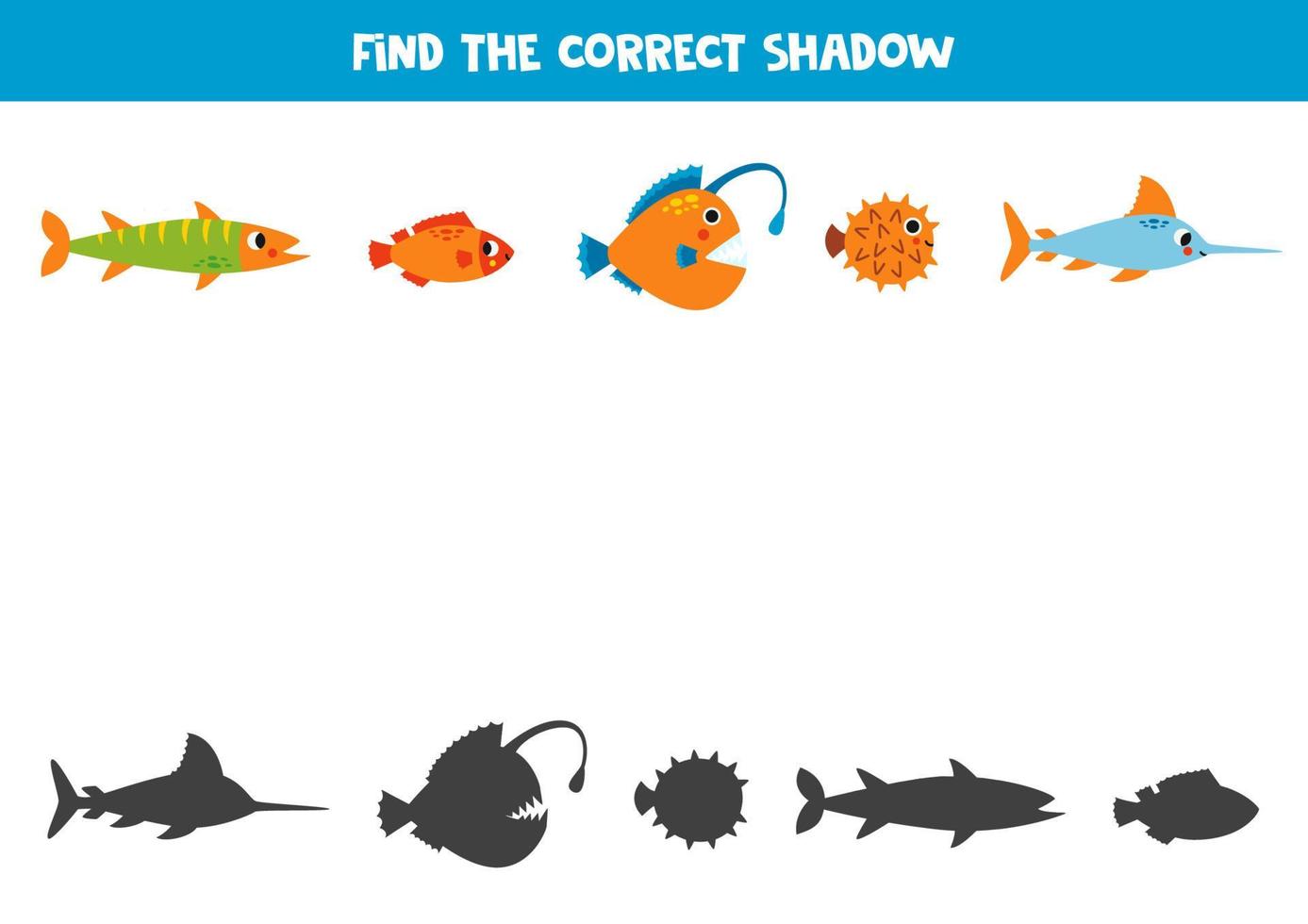Find the correct shadows of cute sea fish. Logical puzzle for kids ... Find the correct shadows of cute sea fish. Logical puzzle for kids ...
