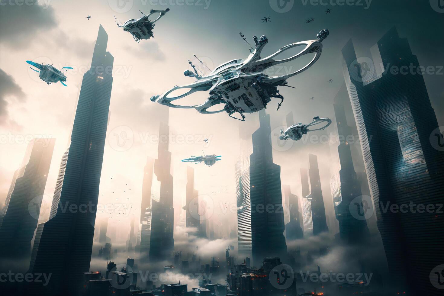 Fantasy city of the future. Futuristic world. Flying drones. . 21984519 Stock Photo at Vecteezy