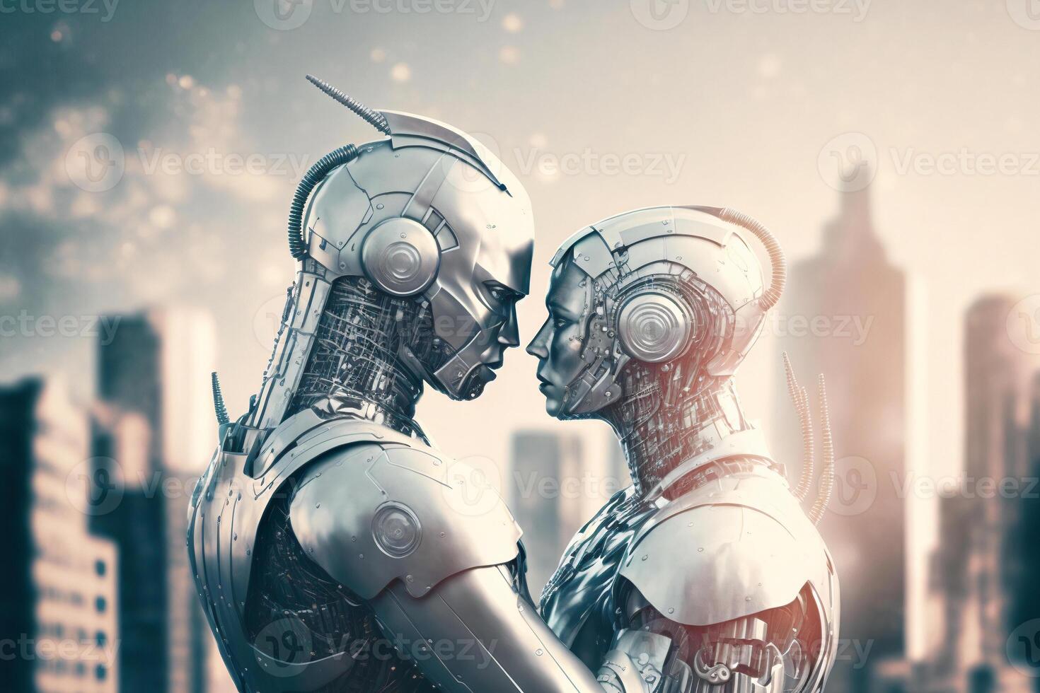 Two robots in love, a couple. Artificial intelligence, digital technology. Digital smart world ...