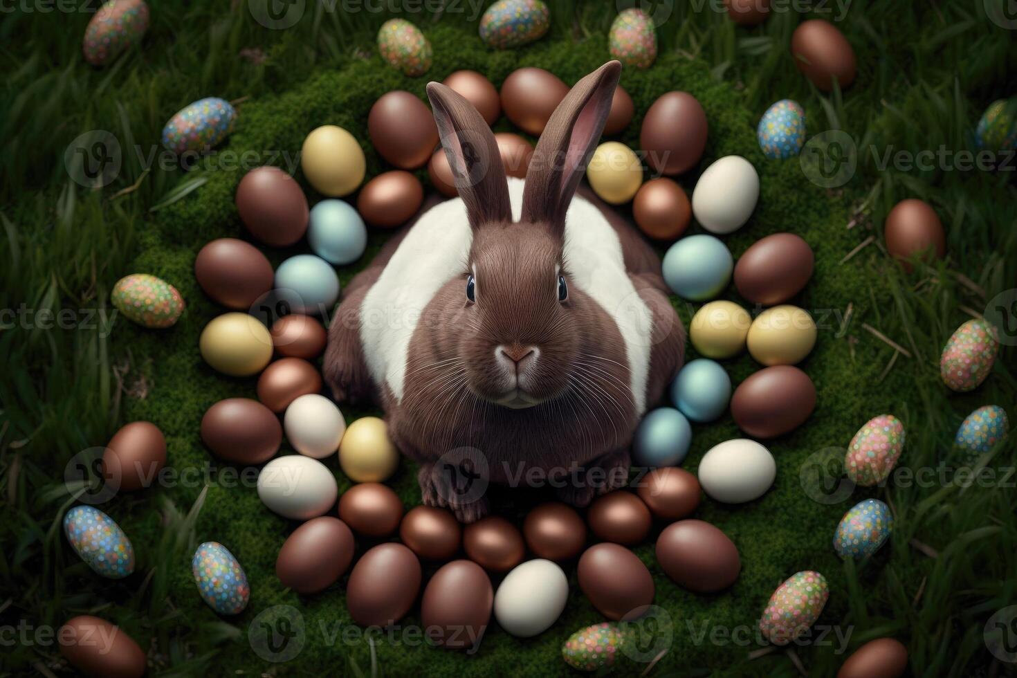 An Easter bunny sits in the center of a circle of chocolate Easter eggs ...