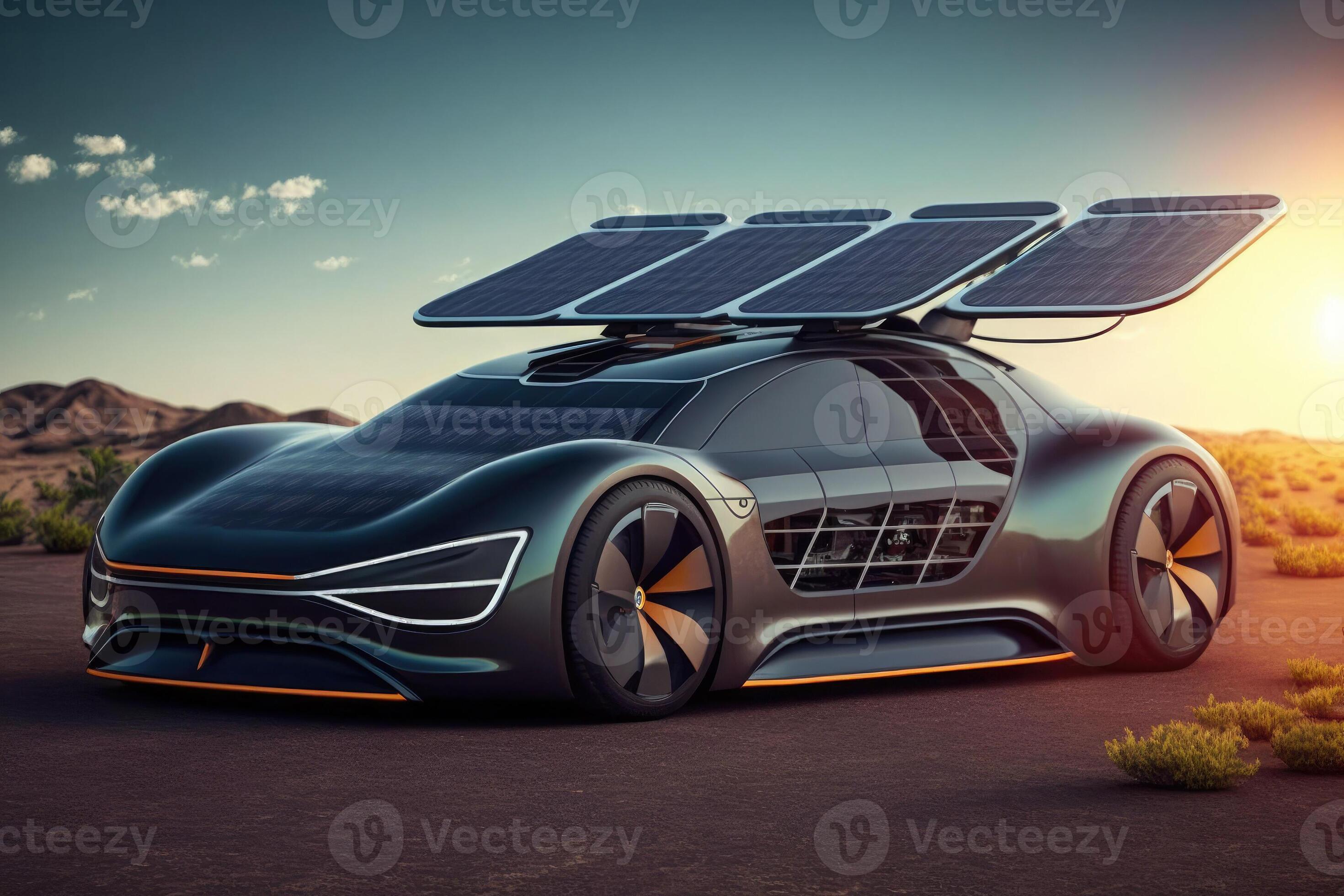 A car from the future, a car with a built-in solar panel, a solar panel as endless energy for a ...