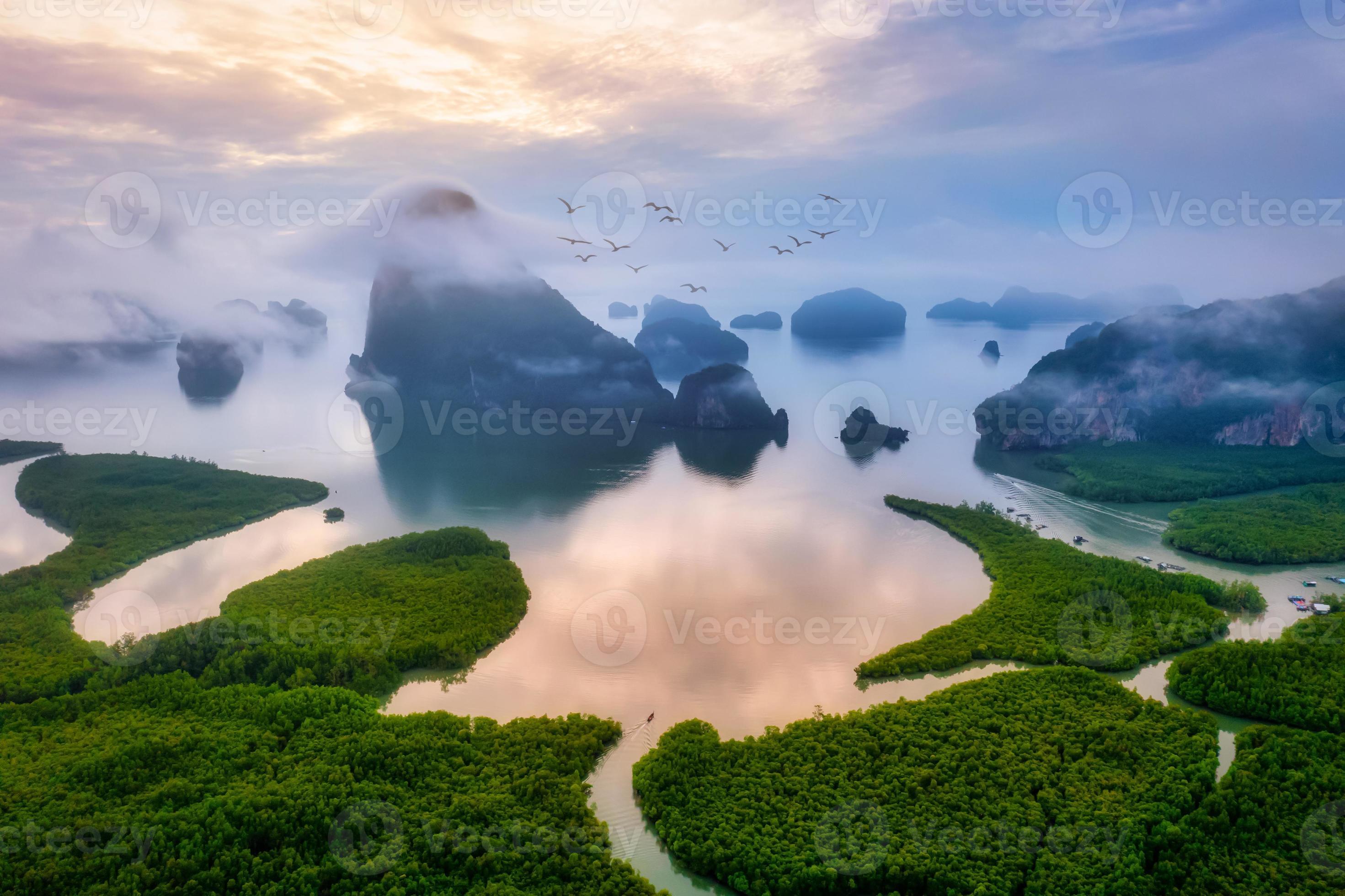Aerial view of Phang Nga Bay in Samed Nang Chee viewpoint at sunrise, Phang Nga, Thailand ...