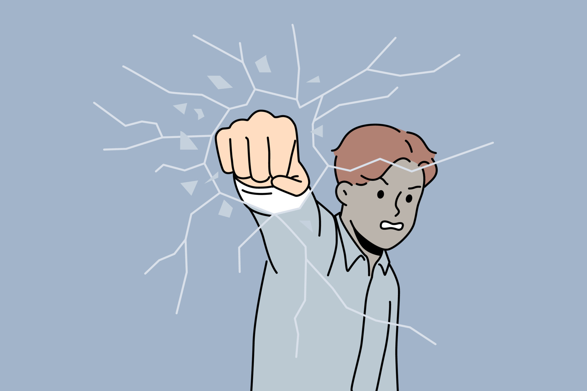 Angry man break glass with fist. Furious male employee punch with hand crash glass. Problem and ...