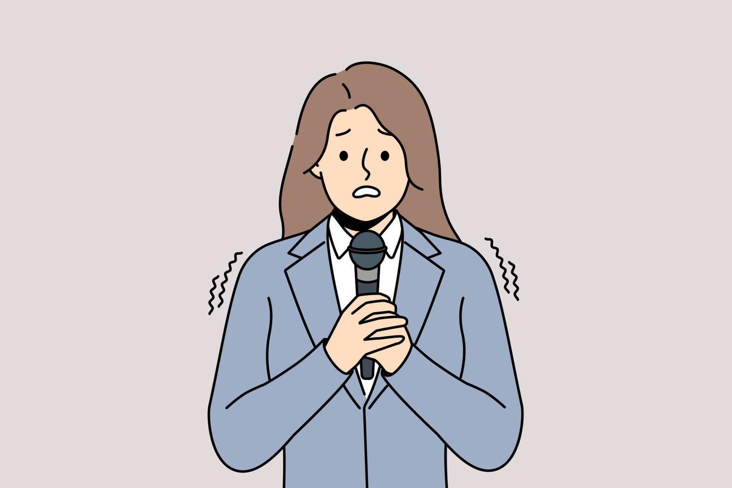 Anxious woman in suit scared talking on microphone on meeting or ...