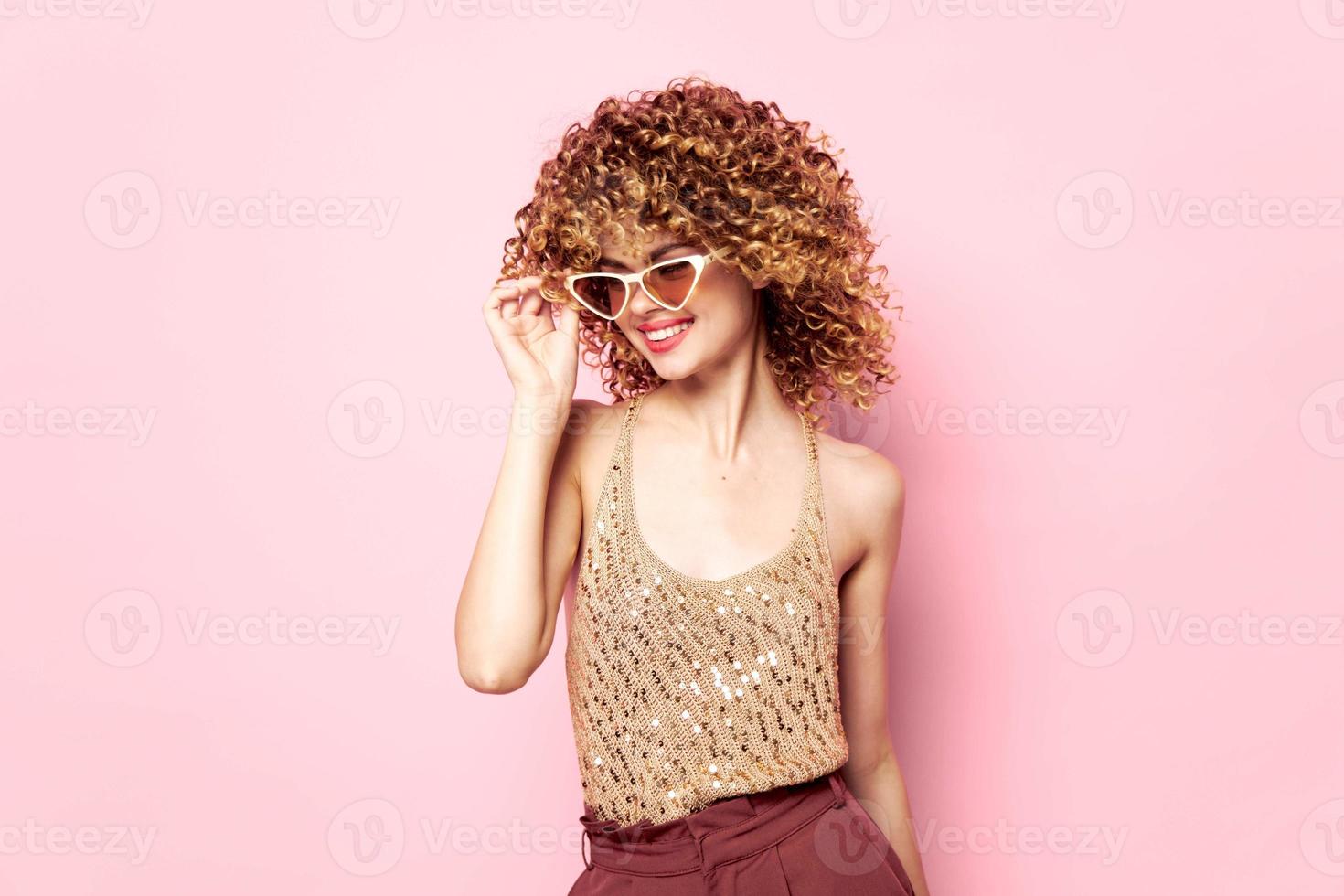 Beautiful Woman Curly Hair Sunglasses Smile Pink Background 22004911