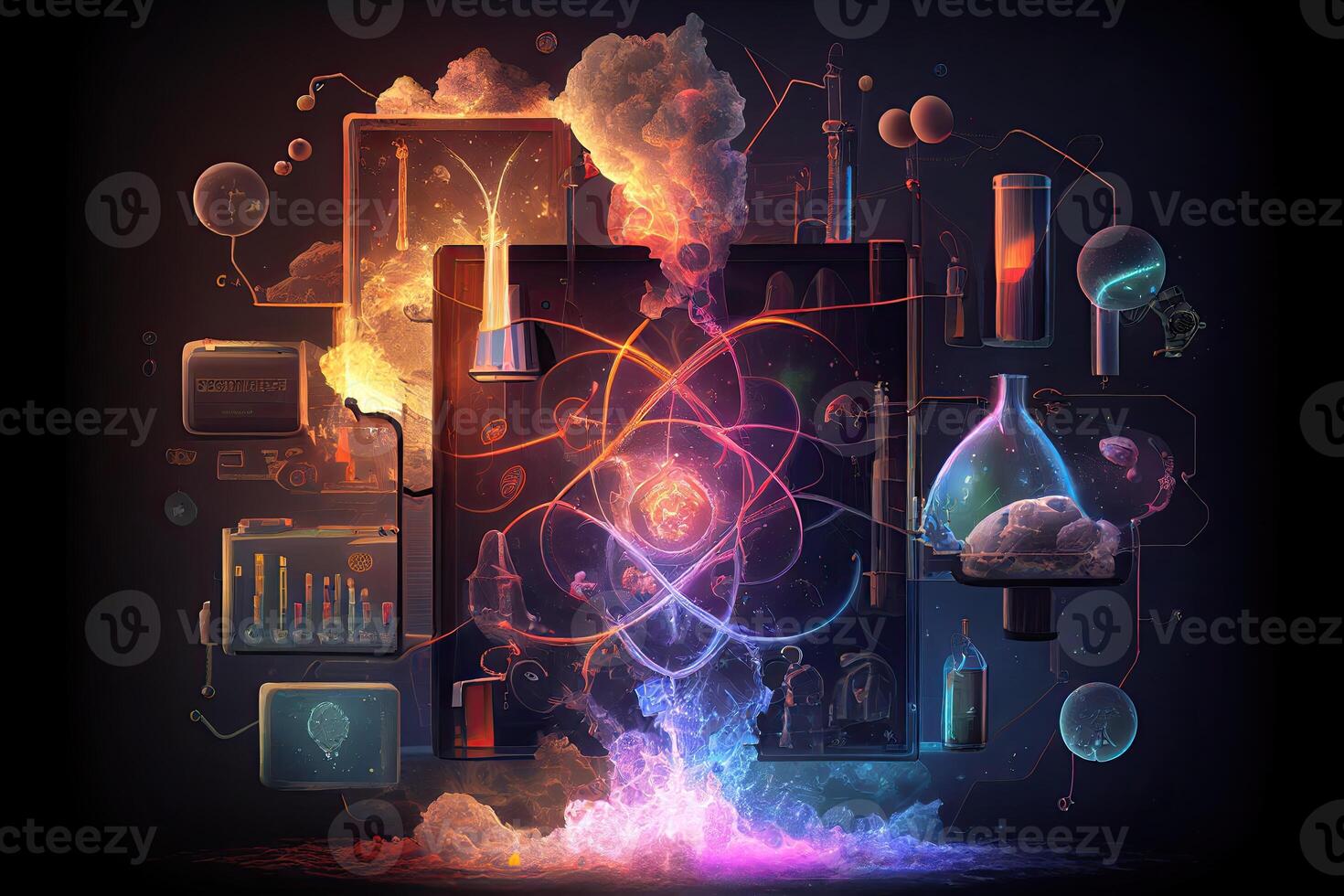 Science background illustration, scientific design. Flasks, glass and ...