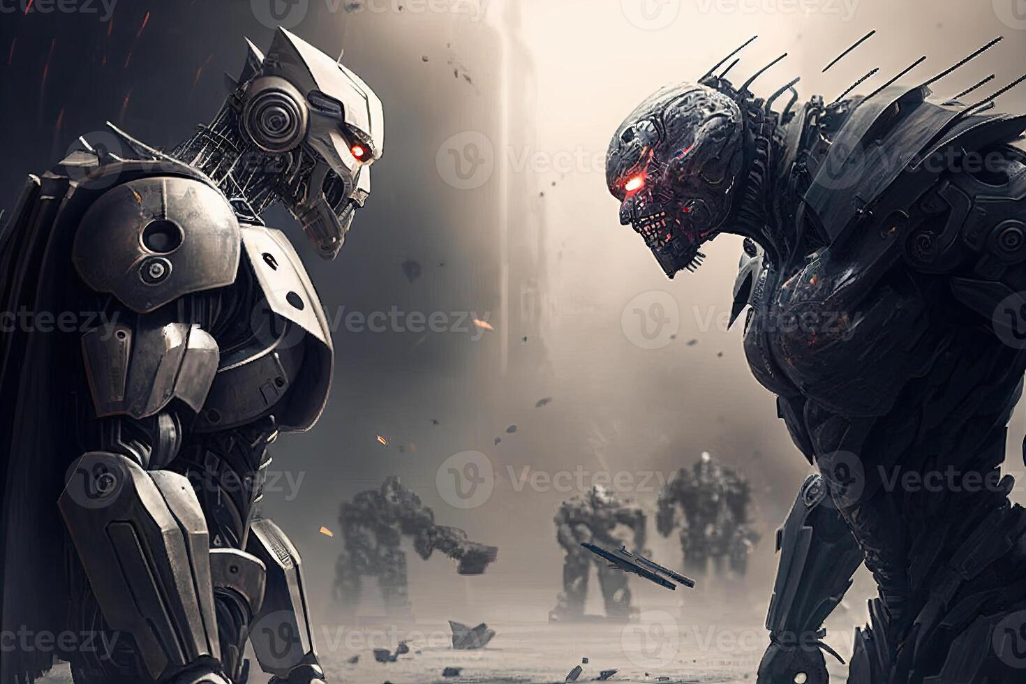 Robots fighting, robot fight illustration, Good vs evil android machine ...